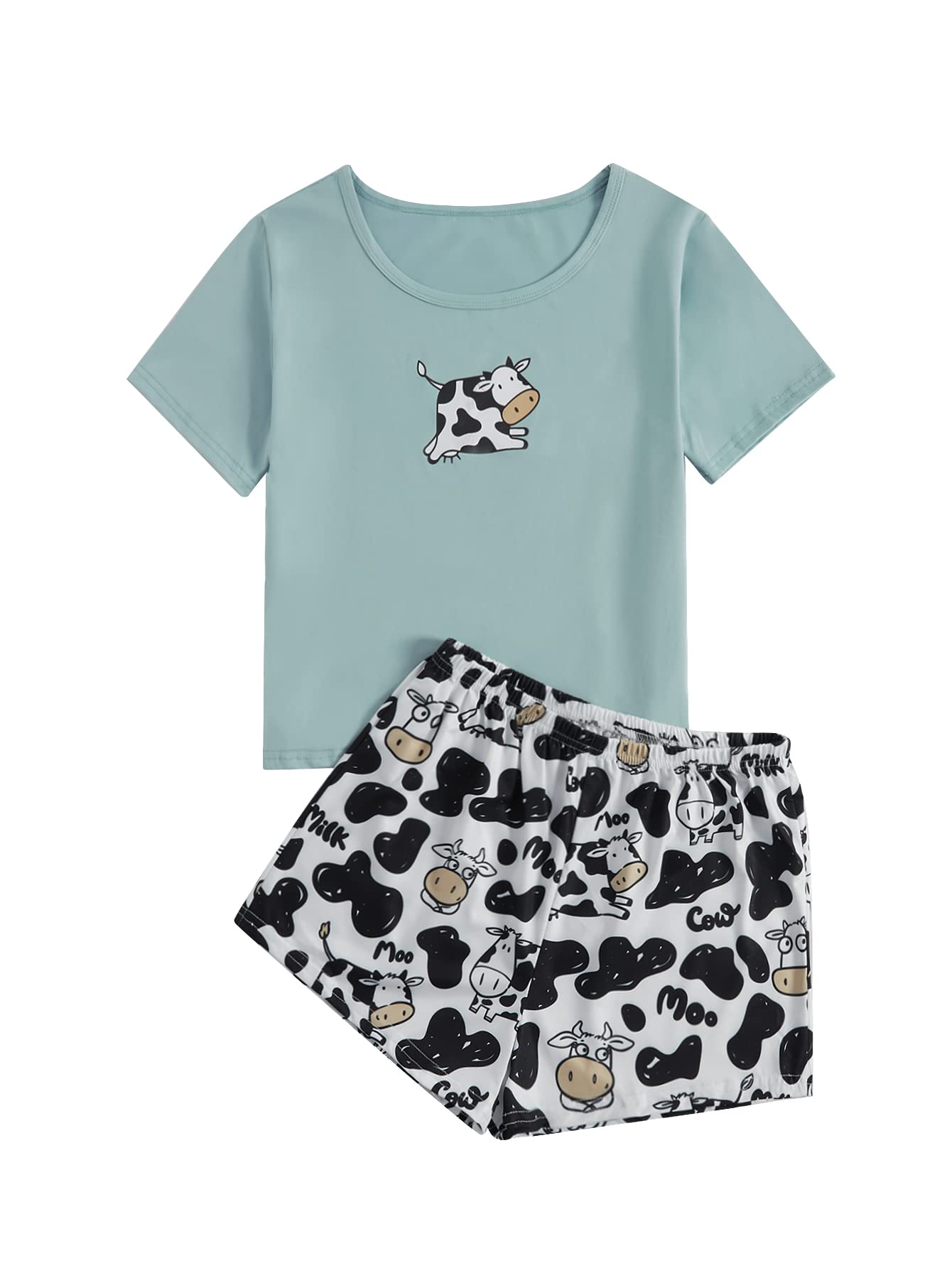 SweatyRocks Women's Cute Graphic Print Short Sleeve Crop Top with Shorts Pajama Set Blue Black Cow M