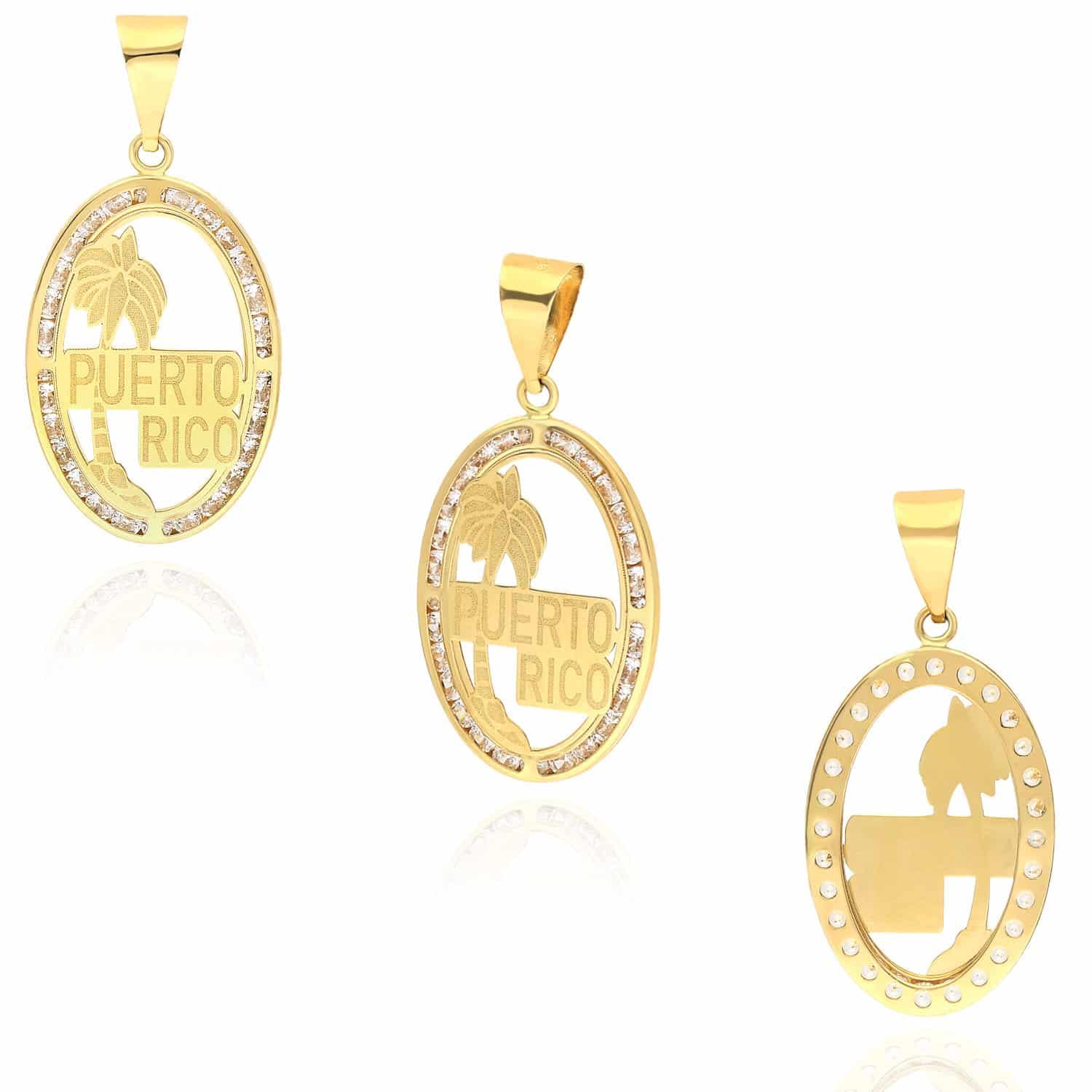 WJD Exclusives 10K Yellow Gold CZ Puerto Rico Palm Tree Oval Shape Disc Pendant, 30mm