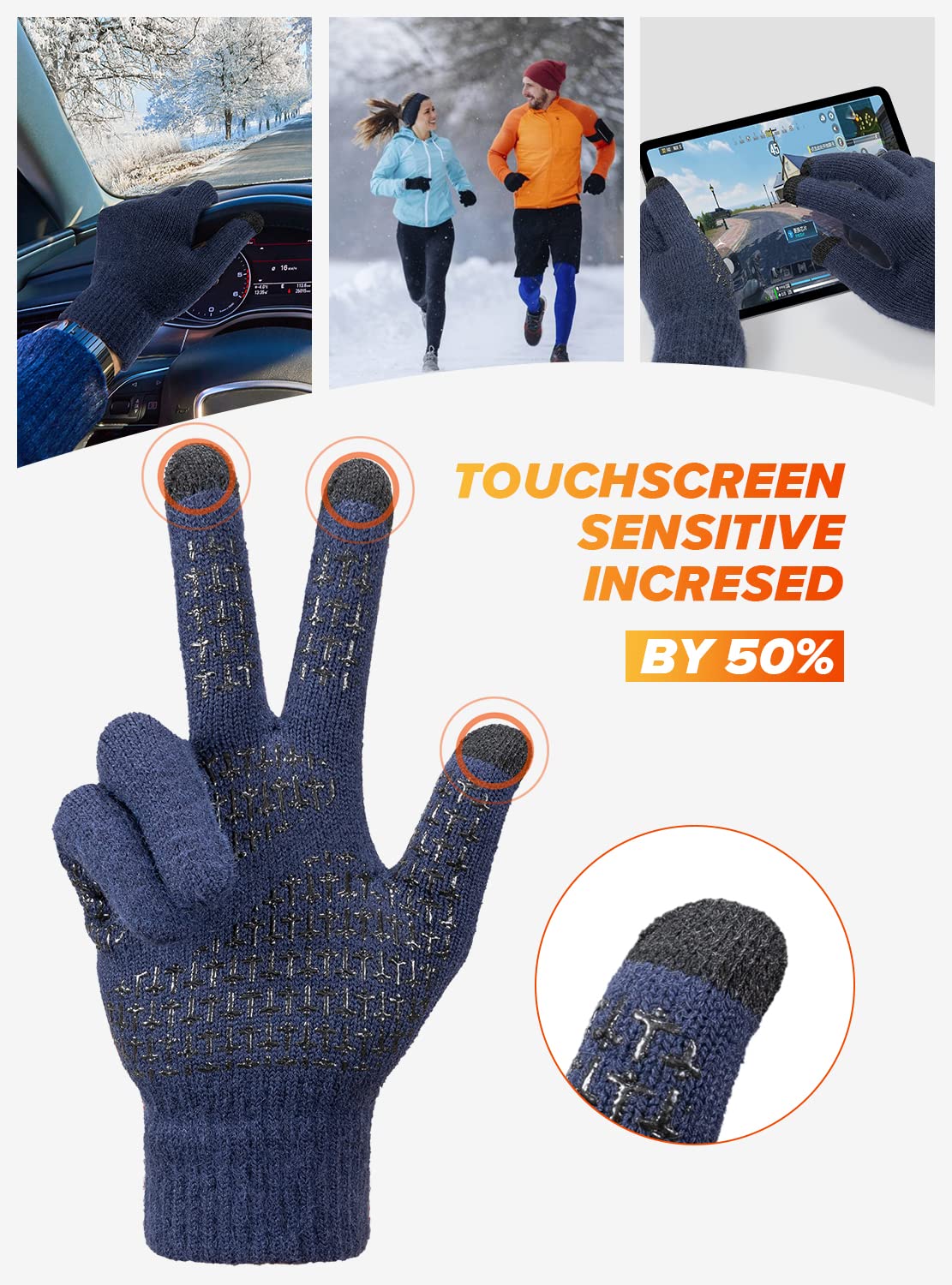 TRENDOUX Touchscreen Gloves, Winter Gloves for Men Women Unisex - Texting Riding Running Computer Non-slip Grip Elastic Cuff Nap Lining Stretchy Material Cold Hand Typing - Navy - L
