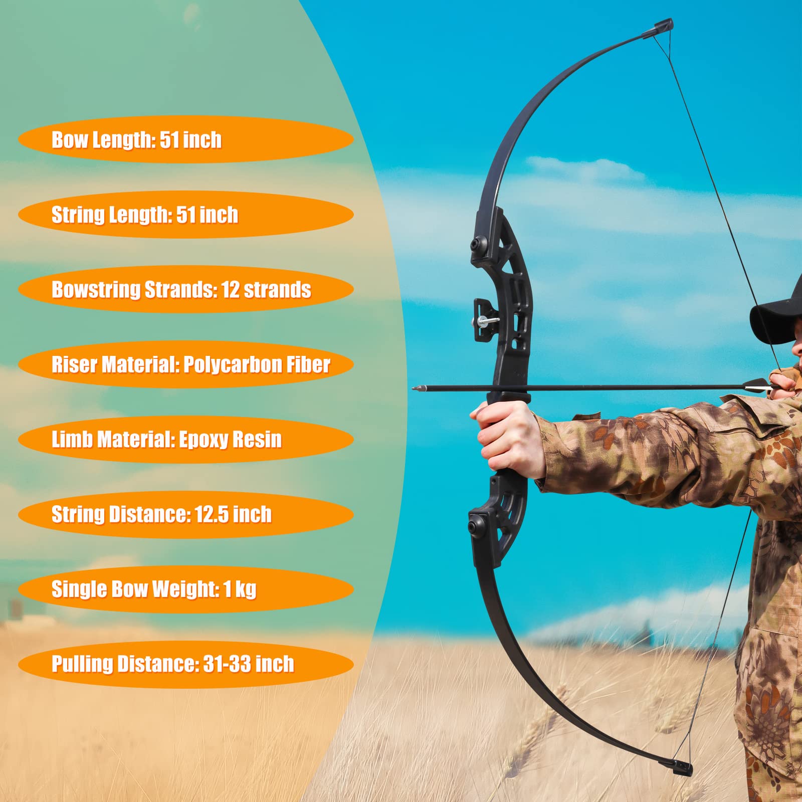 Takedown Bow, Archery Set for Right Left Hand, Long Bow for Beginner Adult, Recurve Bow and Arrows for Shooting Hunting Practice Training Backyard Target (30lb)