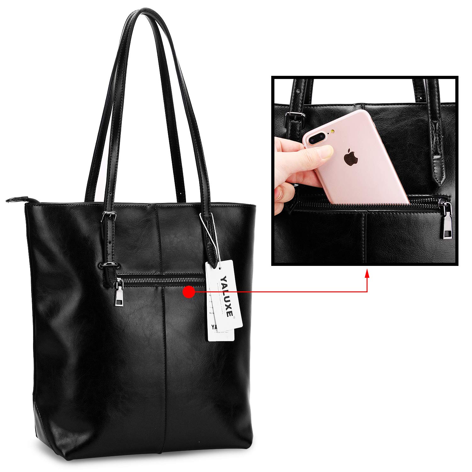 YALUXE Women's Front Pocket Vintage Style Soft Leather Work Tote Large Shoulder Bag Black