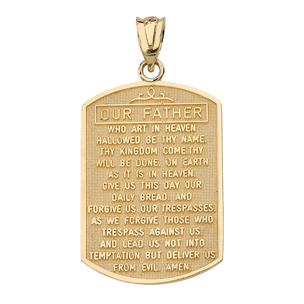Sideways Crosses Religious Jewelry Solid 10k Yellow Gold Lord's Prayer Our Father Dog Tag Style Necklace, 16"