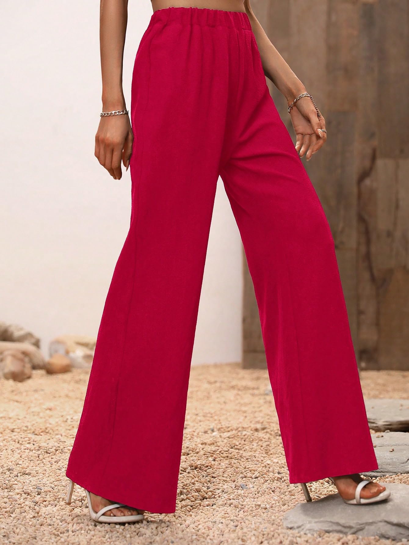 SweatyRocks Women's Elastic High Waist Basic Casual Office Trousers Loose Long Flare Leg Pants Hot Pink M