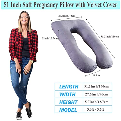 U Shaped Pregnancy Pillow, 51" Full Body Pillow with Velvet Removable Cover, Multiple Bed Maternity Pillow for Women & Adults Sleeping Help Support Head Back Belly (U-Shaped Purple)