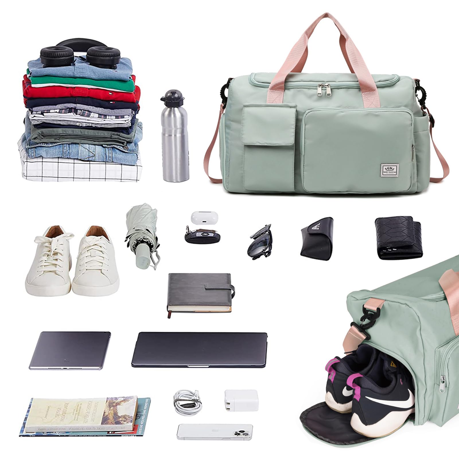 Travel Duffel Tote Bag with Dry Wet Separation Pocket, Weekender Bag for Women and Men,Waterproof Bag with Shoe Compartment Lightweight and Easy Carry on Green