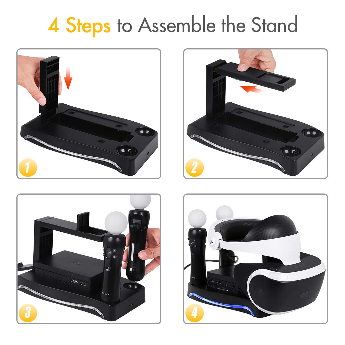 Puroma Upgraded 4-in-1 Charge & Display Stand for PS VR with Storage Headpiece Holder, 2 Move Controllers Charging Station and Processor Unit Stand