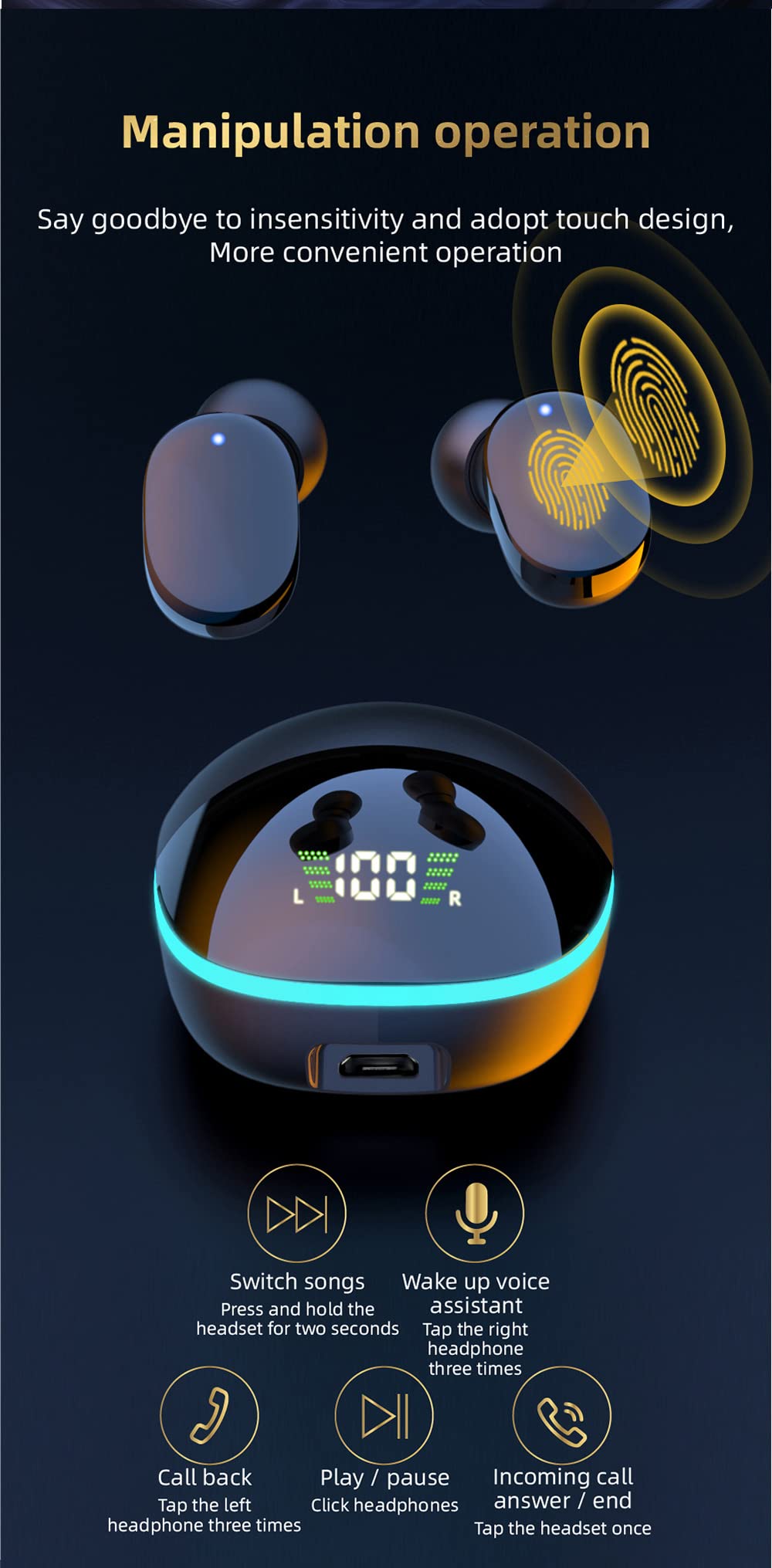 Wireless Headphones, Wireless Bluetooth Headphones, Waterproof Touch Ergonomic Headphones, Surround Sound, Noise Cancellation, Led Display Charging Case, Fast Charging, Anti-Allergic.
