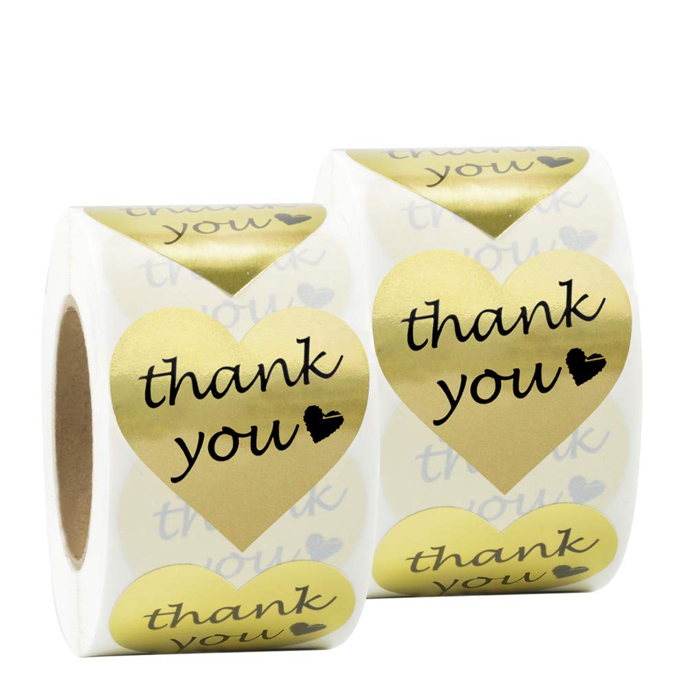 Tekola Gold Foil Thank You Stickers, 2 Rolls Heart Shape Stickers for Gift, Wedding, Thank You Stickers(1000 PCS)…