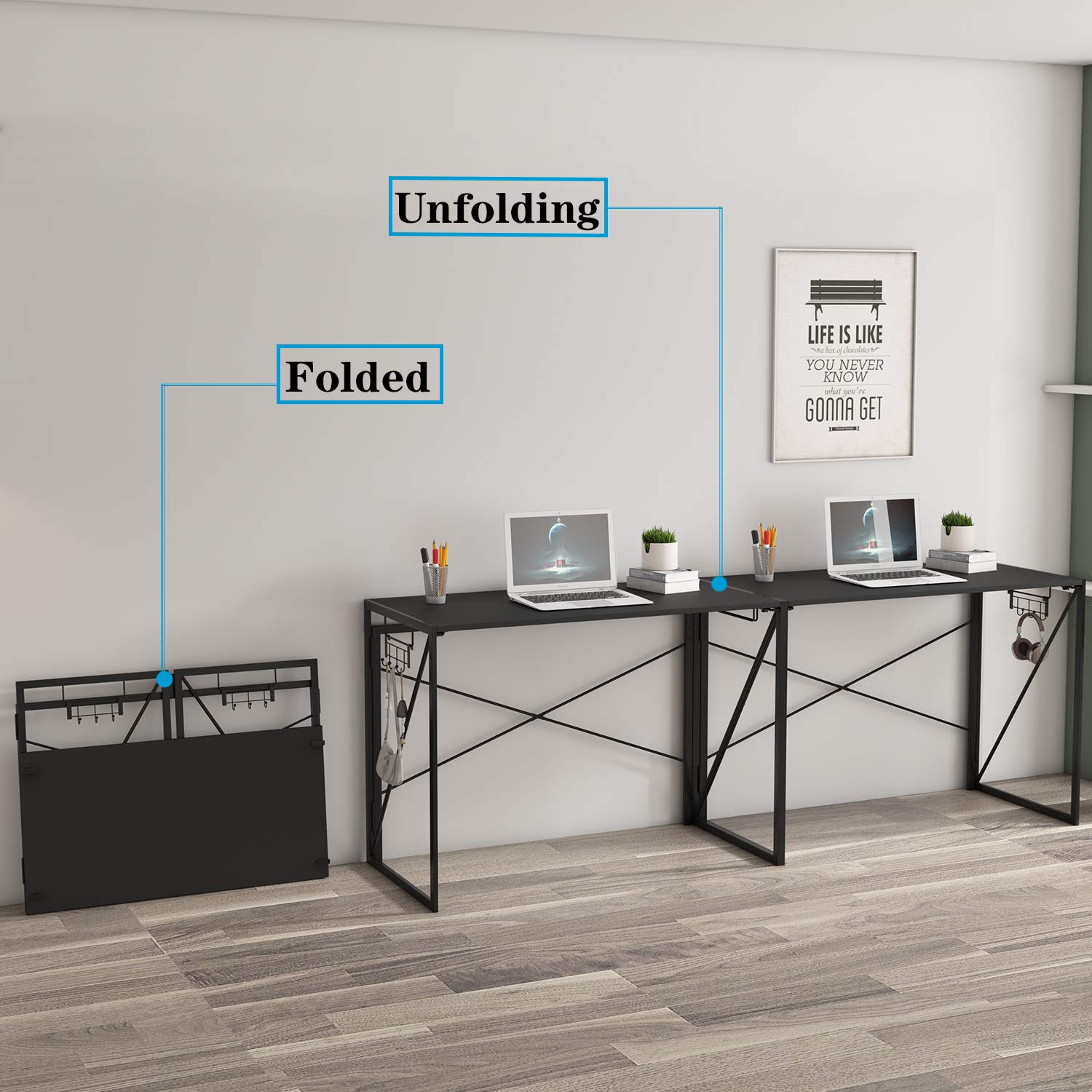 Upure Folding Computer Desk 40" Modern Simple Study Table Foldable Desk Gaming Desk with Removable Hook Home Office Desk Black