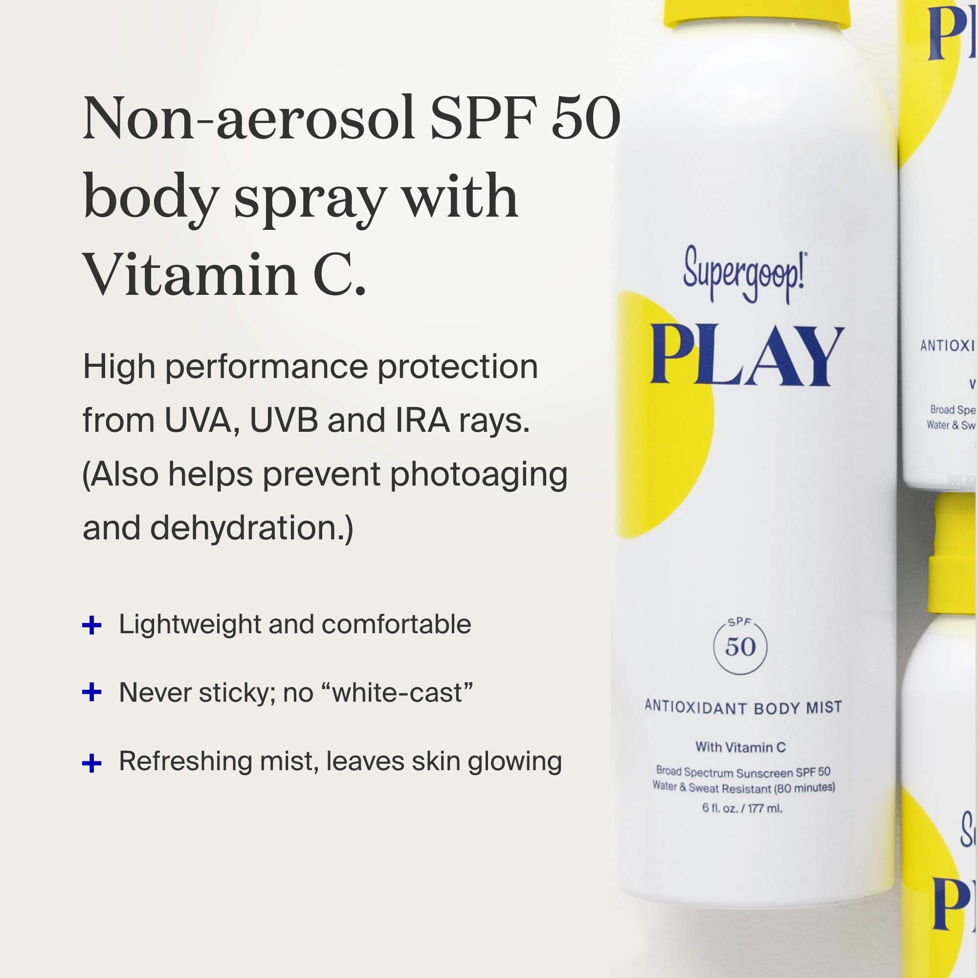 Supergoop! PLAY SPF 50 Antioxidant-Infused Body Mist w/ Vitamin C, 6 fl oz - Broad Spectrum Sunscreen Spray - Full Coverage Body Sunscreen for Sensitive Skin - Athlete-Trusted, Great for Active Days