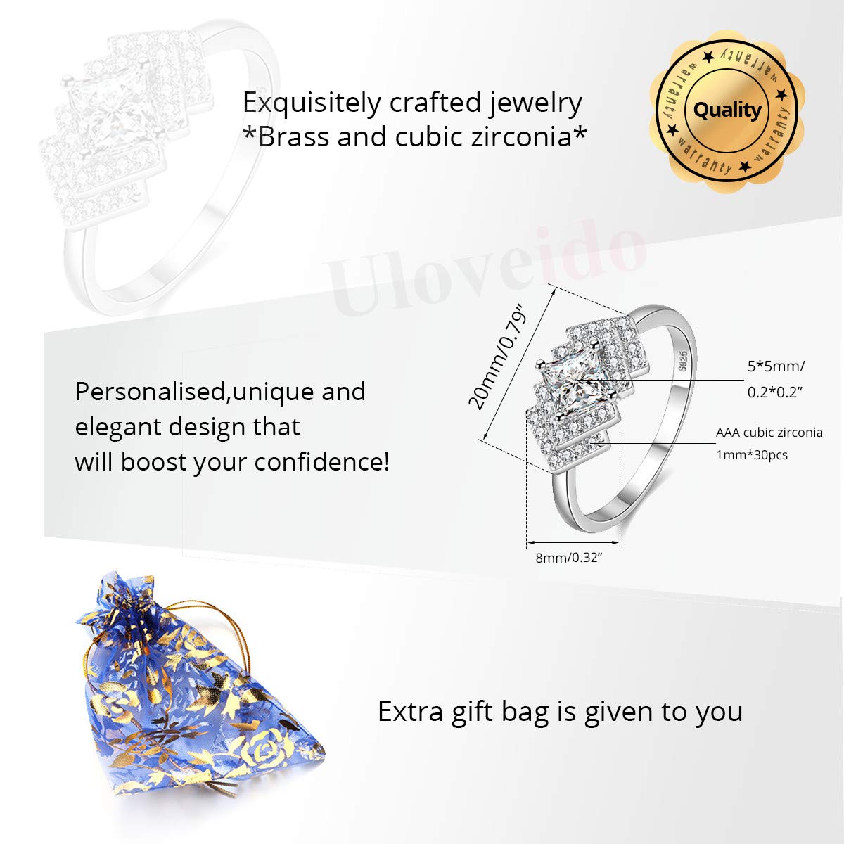 Uloveido Princess Cut Lab Created Diamond Wedding Engagement Ring Square CZ Rings Anniversary Party Prom Gifts (Size 9) WX015