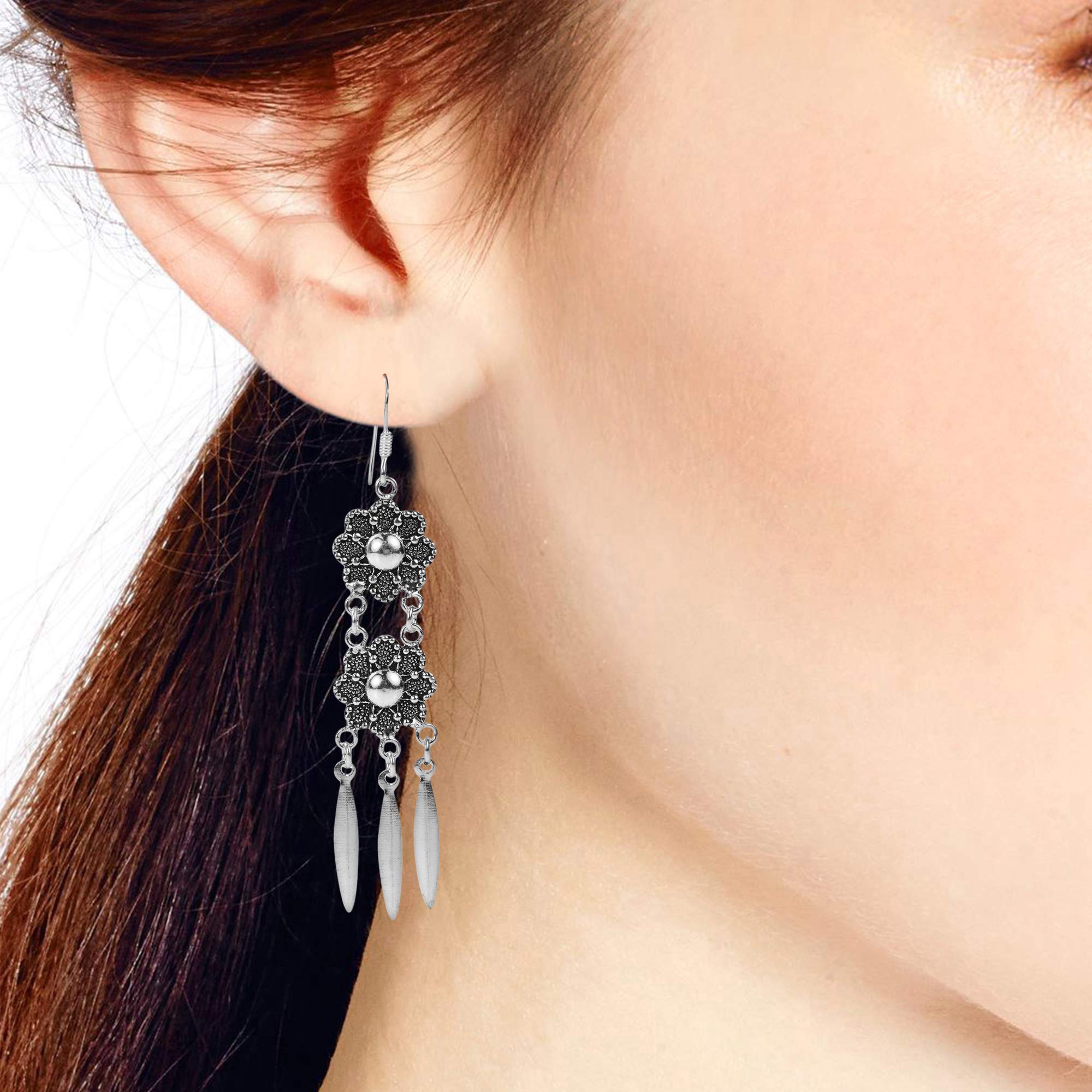 Tribal Inspired Flower .925 Sterling Silver Dangle Earrings