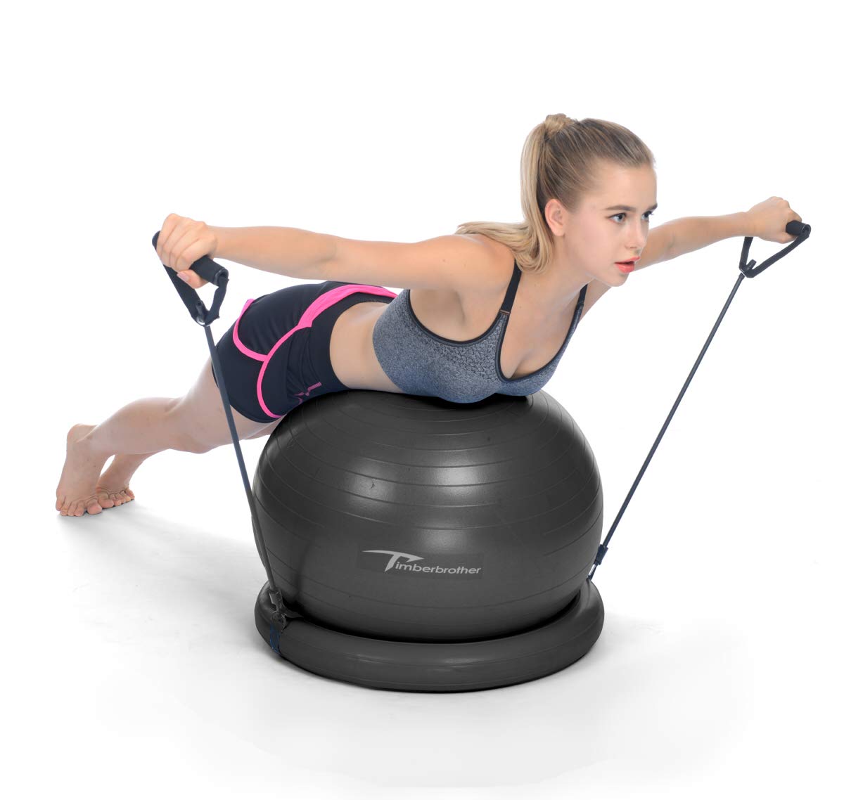 Timberbrother Exercise Ball Chair with Resistance Bands Workout Poster 16.5”x 22.4”,Stability Ball Base for Gym and Home Exercise(Blue with Ring & Bands)