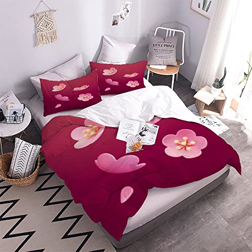Quilt Cover Queen Size Pink Flower 3D Bedding Sets Peach Blossom Duvet Cover Breathable Hypoallergenic Stain Wrinkle Resistant Microfiber with Zipper Closure,beding Set with 2 Pillowcase