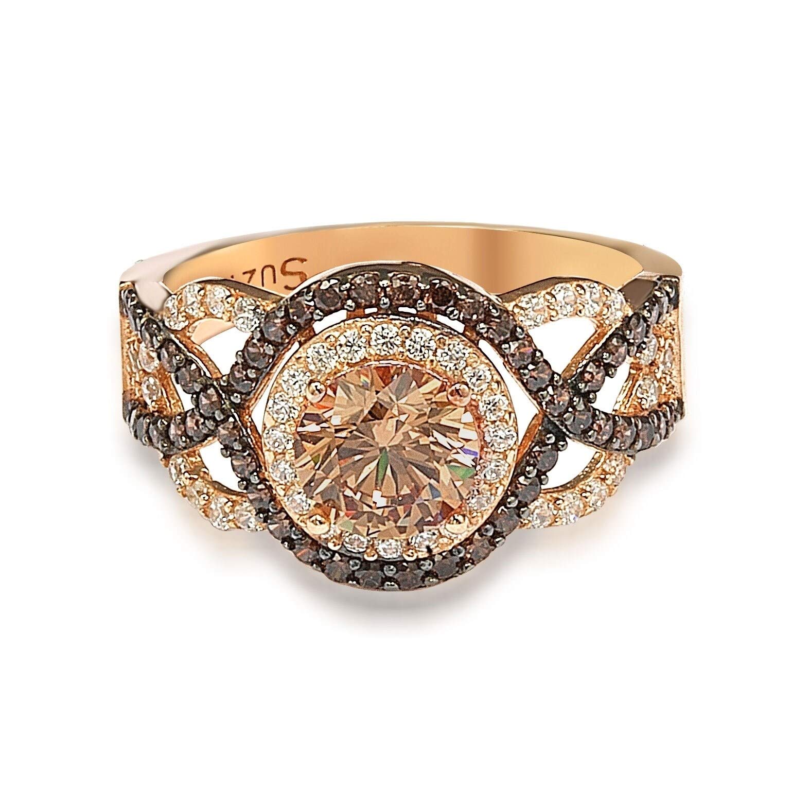 Suzy Levian Rosed Sterling Silver Brown Cubic Zirconia Crossover Bridal Ring - Brown/White