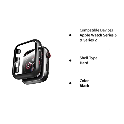 Smiling Case Compatible with Apple Watch Series 3 & Series 2 38mm with Built in Tempered Glass Screen Protector- All Around Hard PC Case Overall Protective Cover - Black