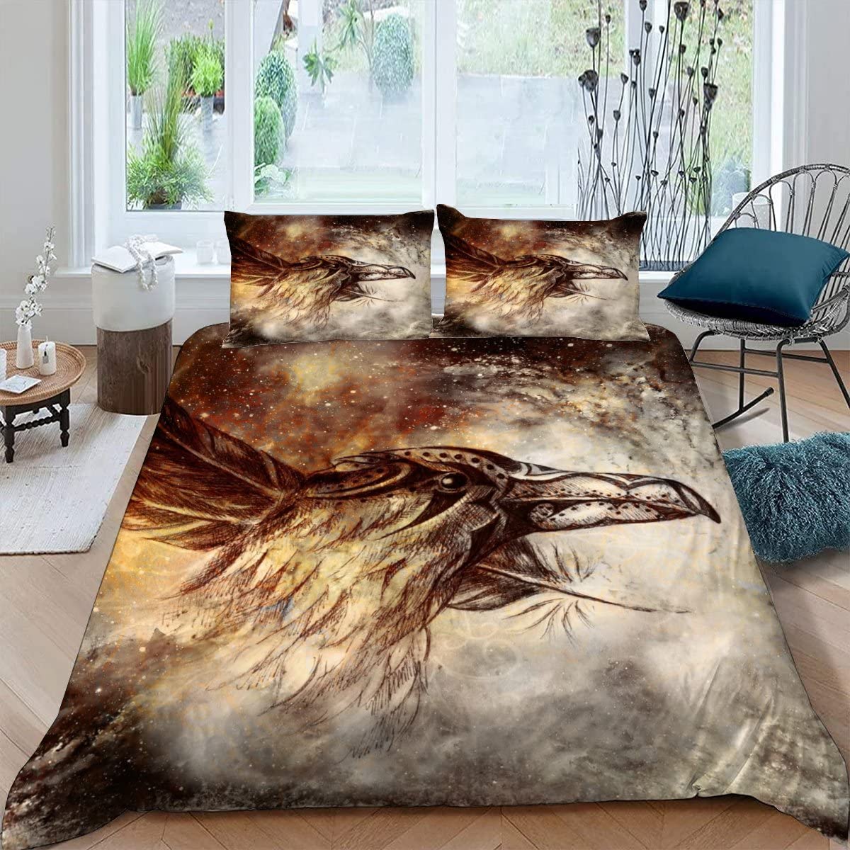 Quilt Cover Twin Size Odin, Crow 3D Bedding Sets Viking, Nordic Duvet Cover Breathable Hypoallergenic Stain Wrinkle Resistant Microfiber with Zipper Closure,beding Set with 2 Pillowcase