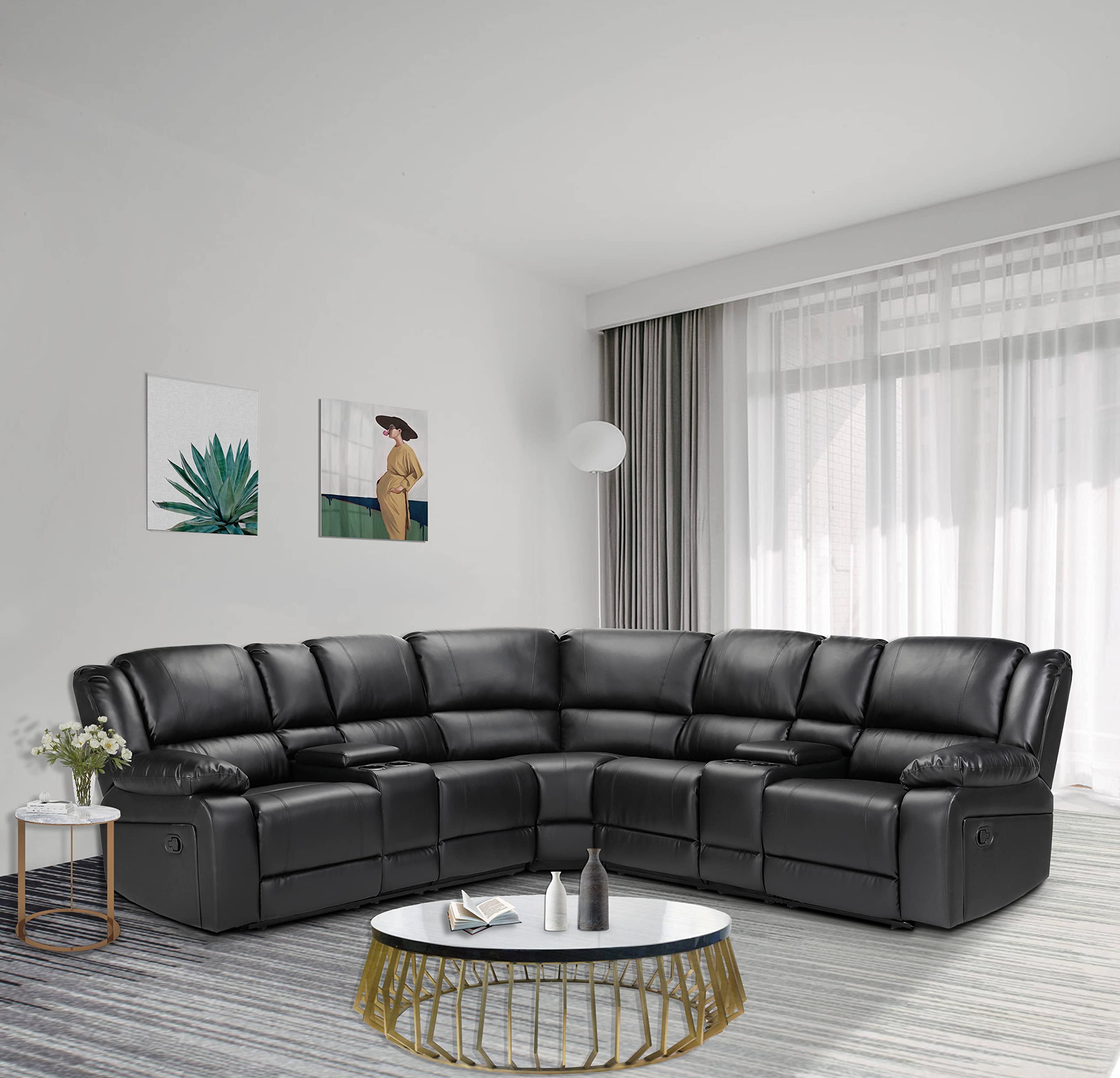 Symmertrical Sectional Reclining Sofa with Console Storage Box, Manual Motion Corner Sectional Sofa Couch with 2 Cup Holder Theater Seat for Living Room