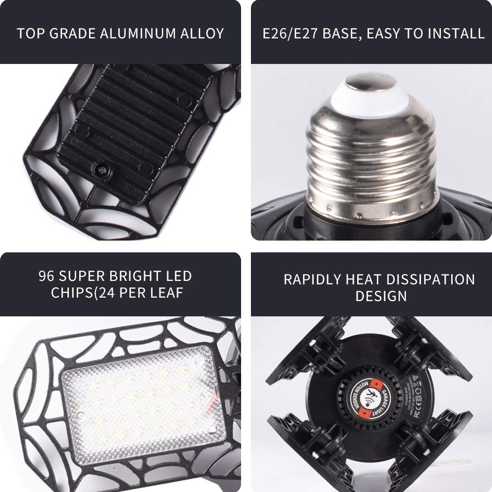 Smiling Shark 120W LED Garage Light-Super Bright 4000LM Four-Leaf transformable LED Garage Ceiling Light with 4 Adjustable Multi-Position Garage Panels led Garage Ceiling Lights