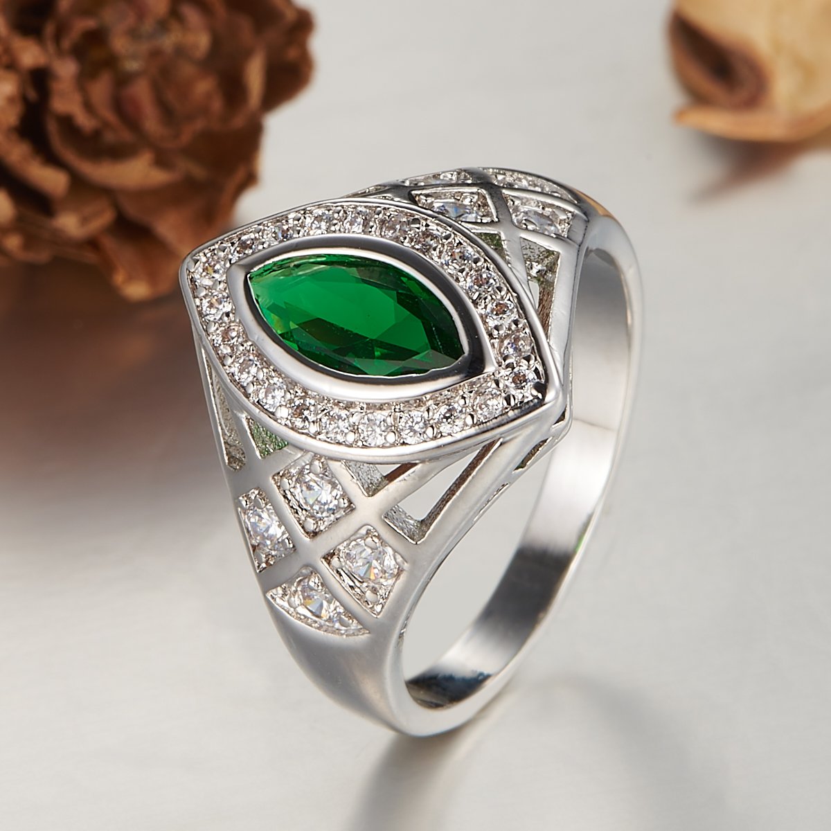 Psiroy 925 Sterling Silver Plated Marquise Cut Created Emerald Quartz Filled Ring Band for Women