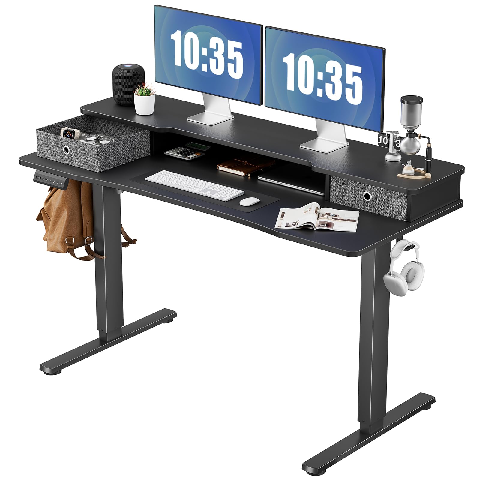 Sweetcrispy Electric Standing Desk with Double Drawer - 48 x 24 inch Adjustable Height Sit to Stand Up Desk with Storage Shelf, Rising Home Office Computer Table with Splice Board