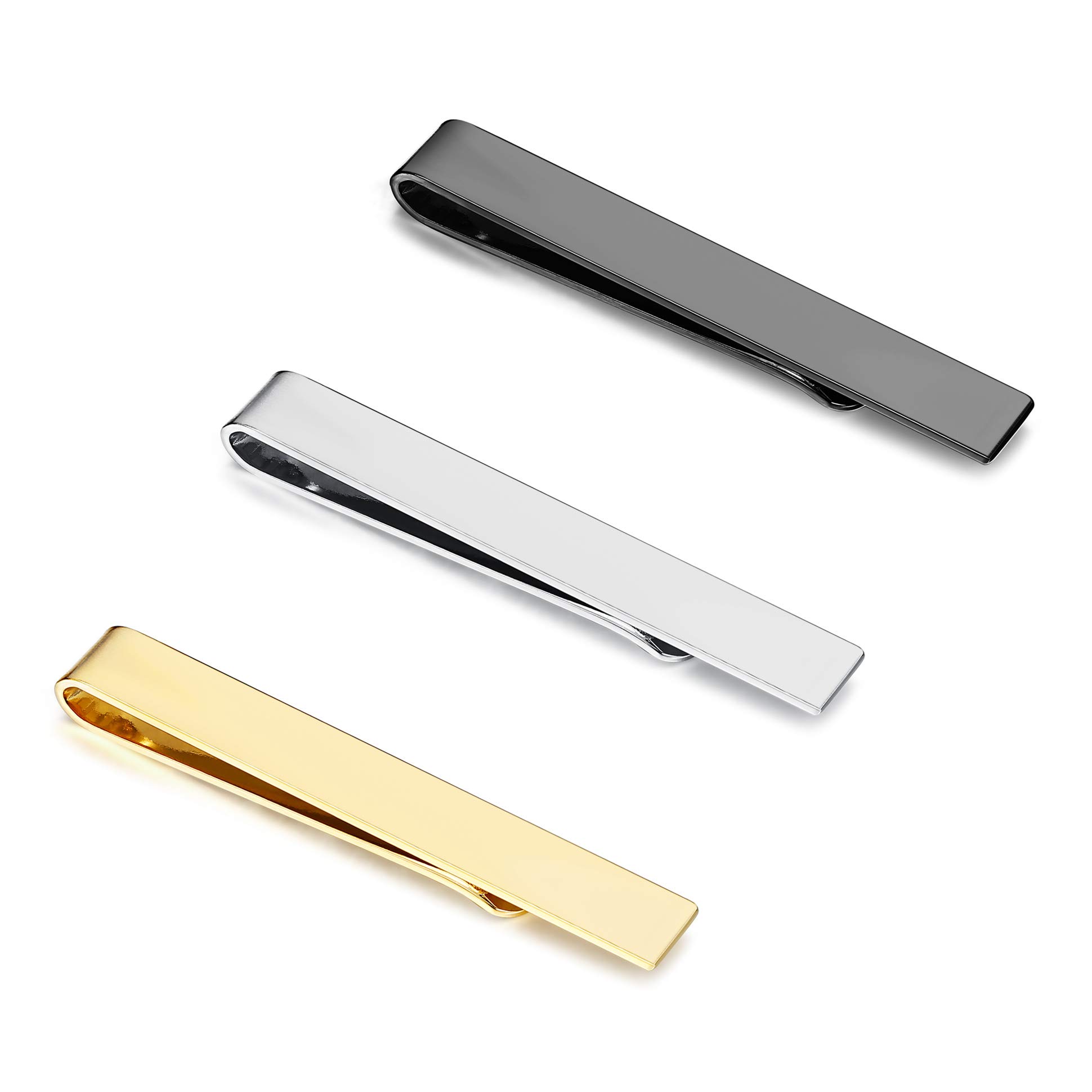 YADOCA 3 Pcs Tie Clips for Men Tie Bar Set Necktie Clips Without Stripe for Wedding Anniversary Business Black Silver-Tone Gold-Tone
