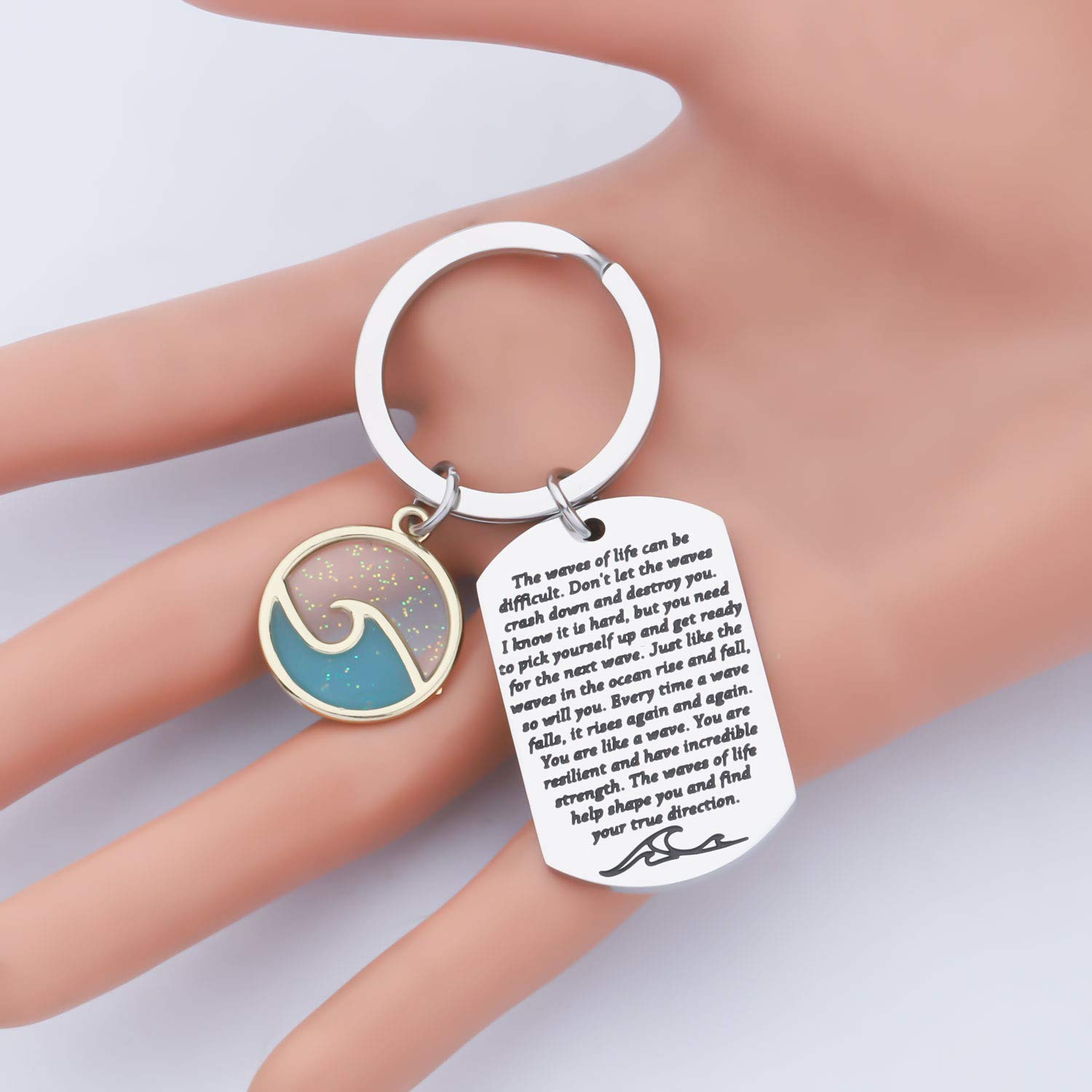 UJIMS Inspirational Quote Gift Ocean Wave Keychain The Waves Of Life Can Be Difficult Encouragement Jewelry for Her (Ocean Wave Keychain)