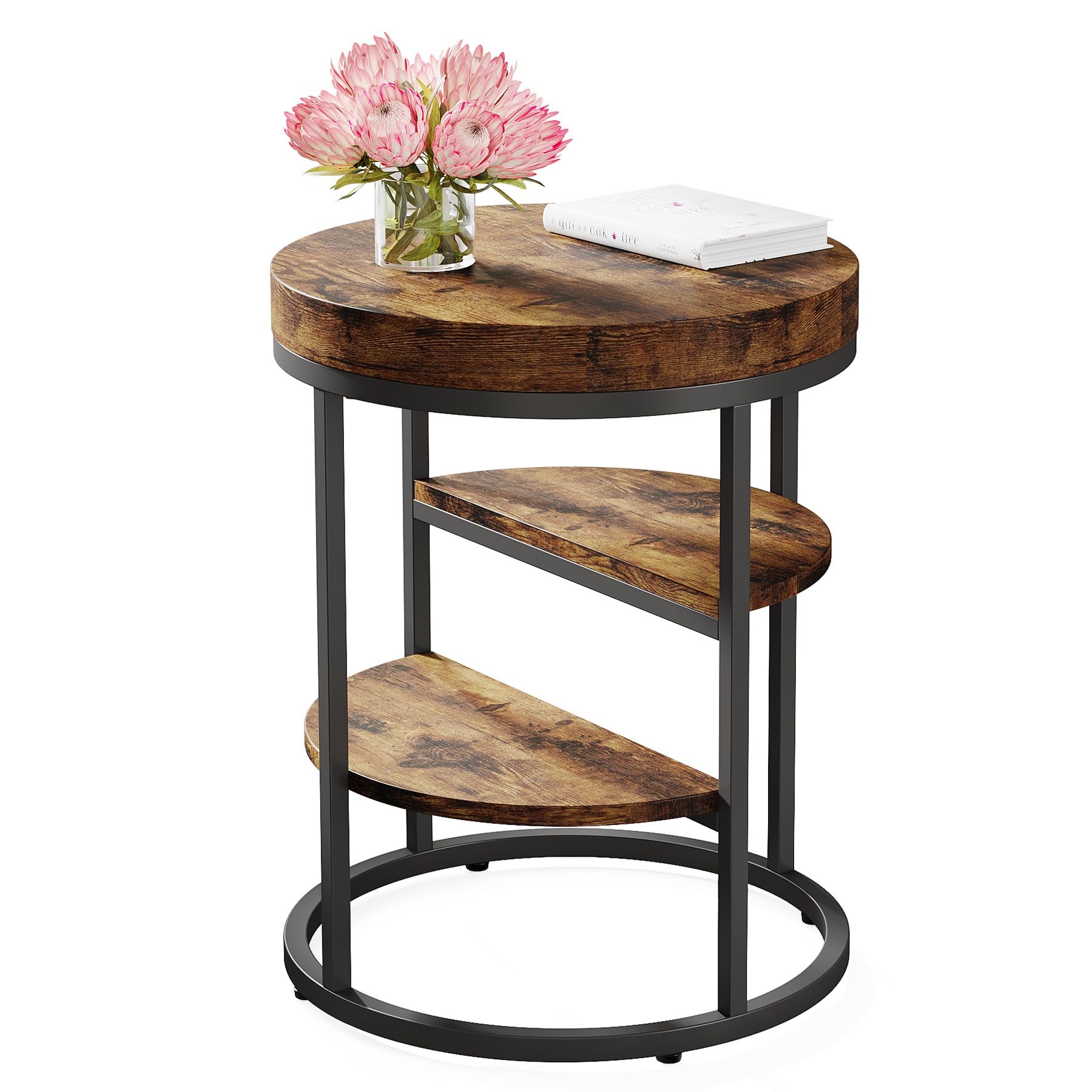 Tribesigns Round End Table, Small End Table with 3 Storage Shelves, Wood Side Table for Small Spaces, Industrial Sofa Side Table for Living Room, Rustic Brown Nightstand and Bedside Table for Bedroom