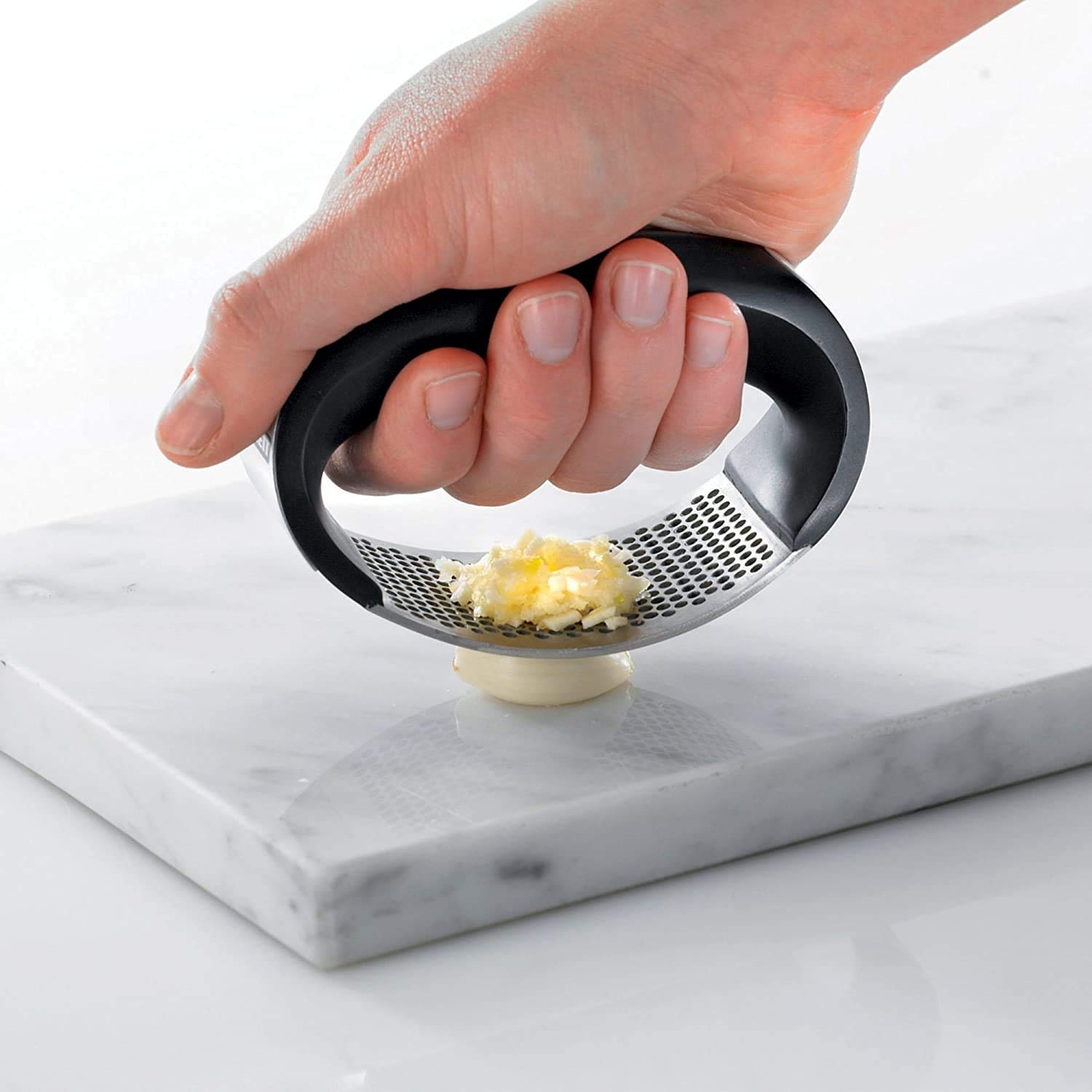 WEPPC Garlic Press Rocker Stainless Steel Garlic Mincer Crusher and Peeler, Ergonomic, Easy to Use, Black