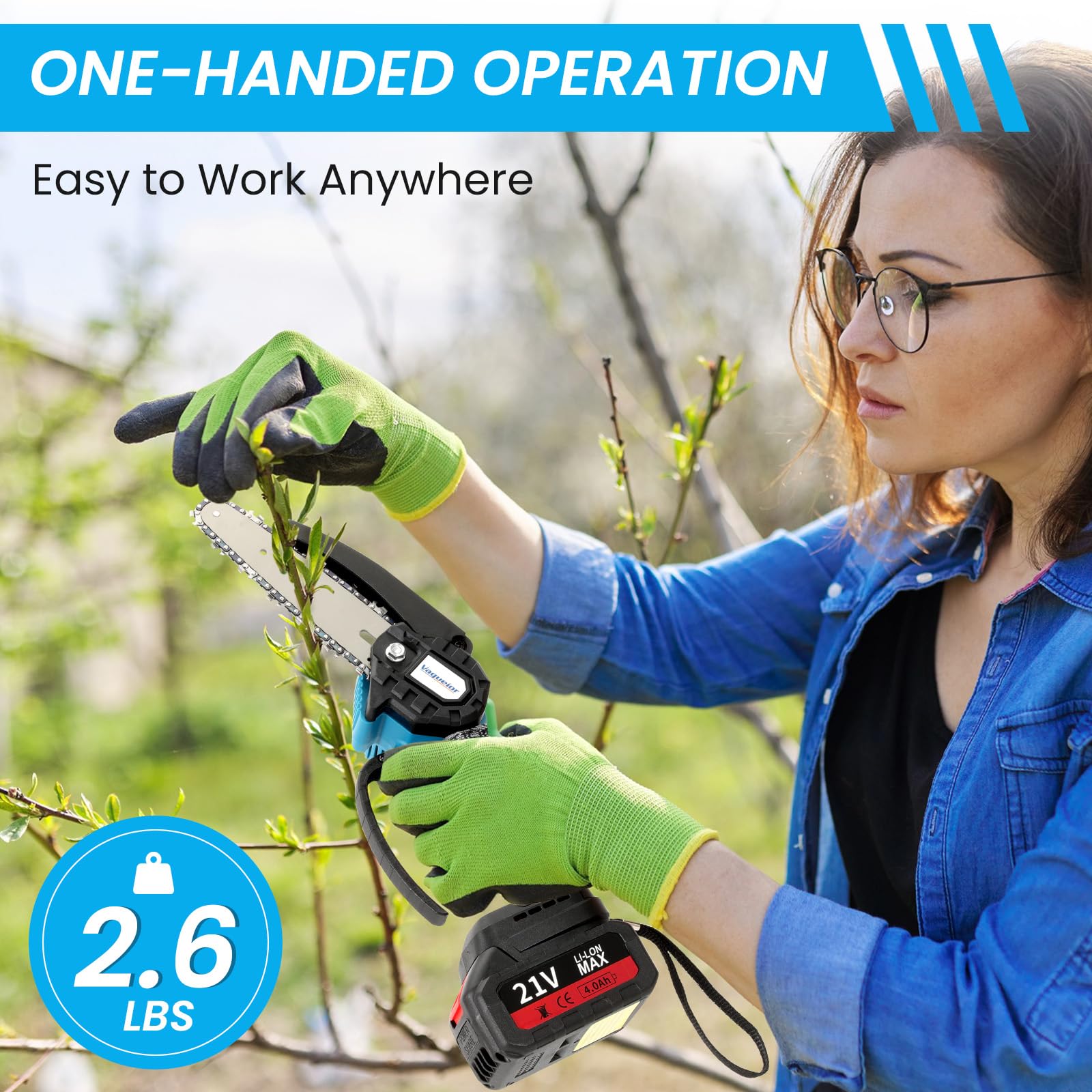 VAGUEIOR Mini Cordles Chainsaw, Handheld Convenient Chainsaw, 6 Inches, With Two 21V 4.0AH Large Battery And Charger, Suitable For Tree Pruning And Cutting,(BLUE, 2 Battery)