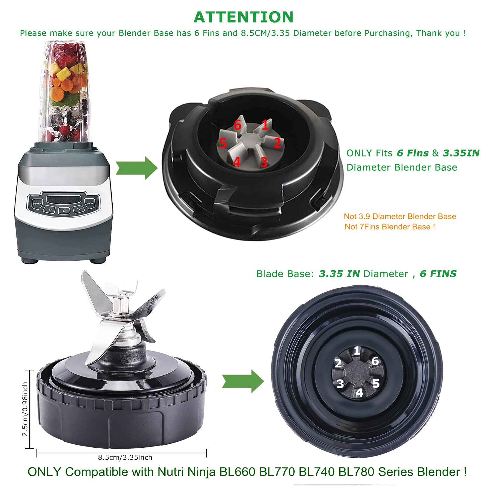 TOOLACC Blender Replacement Parts Compatible with Nutri Ninja, 6 Fins Blender Blade Assembly with 2 PCS 16OZ Cup Set for BL660 BL770 BL780 Professional Blender(Suitable Diameter : 3.35IN Blender Base)