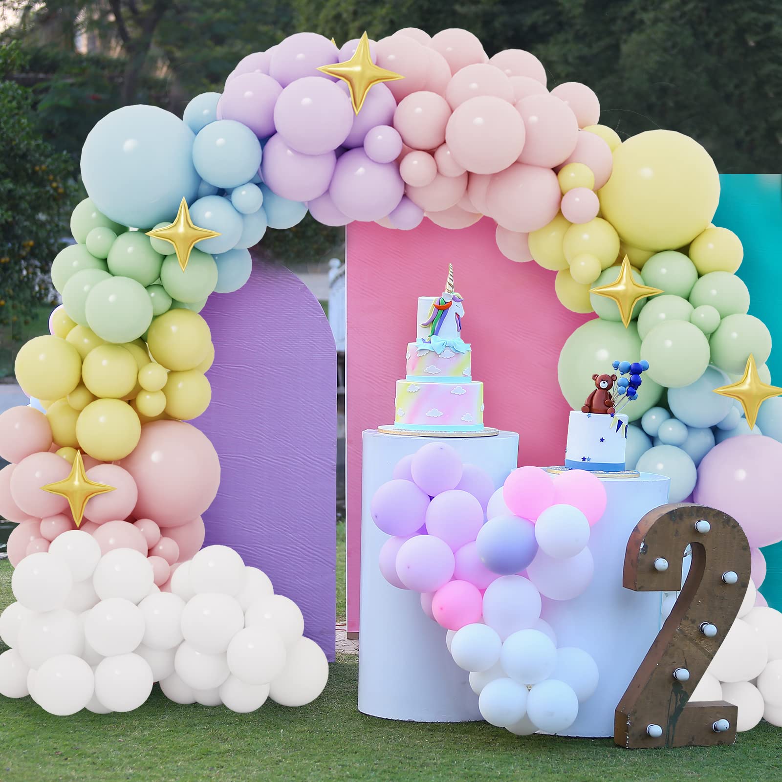 RUBFAC 182pcs Pastel Balloons Rainbow Balloon Garland Arch Kit with Star Foil Balloons for Wedding Birthday Party Supplies Easter Decorations