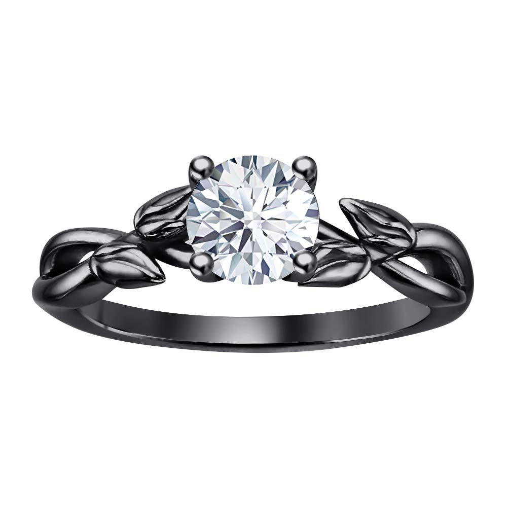 SVC-JEWELS 14K Black Gold Plated 2ct Round Cut White Diamond Leaf Solitaire Engagement Ring For Womens.