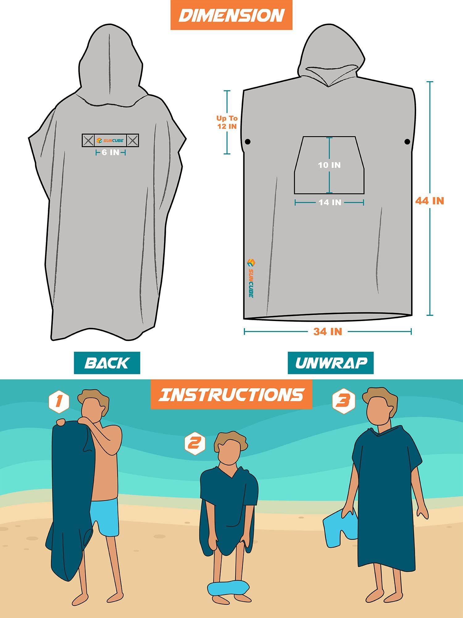 SUN CUBE Surf Poncho Changing Robe with Hood, Thick Quick Dry Microfiber Wetsuit Changing Towel for Surfing Beach Swim Outdoor Sports Men, Absorbent Wearable Towel Cover Up with Pocket, Gray