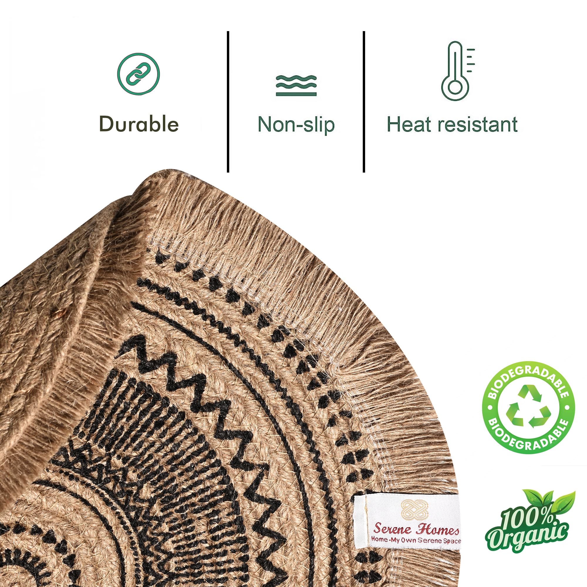 SereneHomes Black Mandala Print Natural Jute placemat Round 14-inch Table Placemats with Fringes - Set of 4, Boho Chic Dining Table Decor Heat-Resistant Dining Table Decor Surface Protector