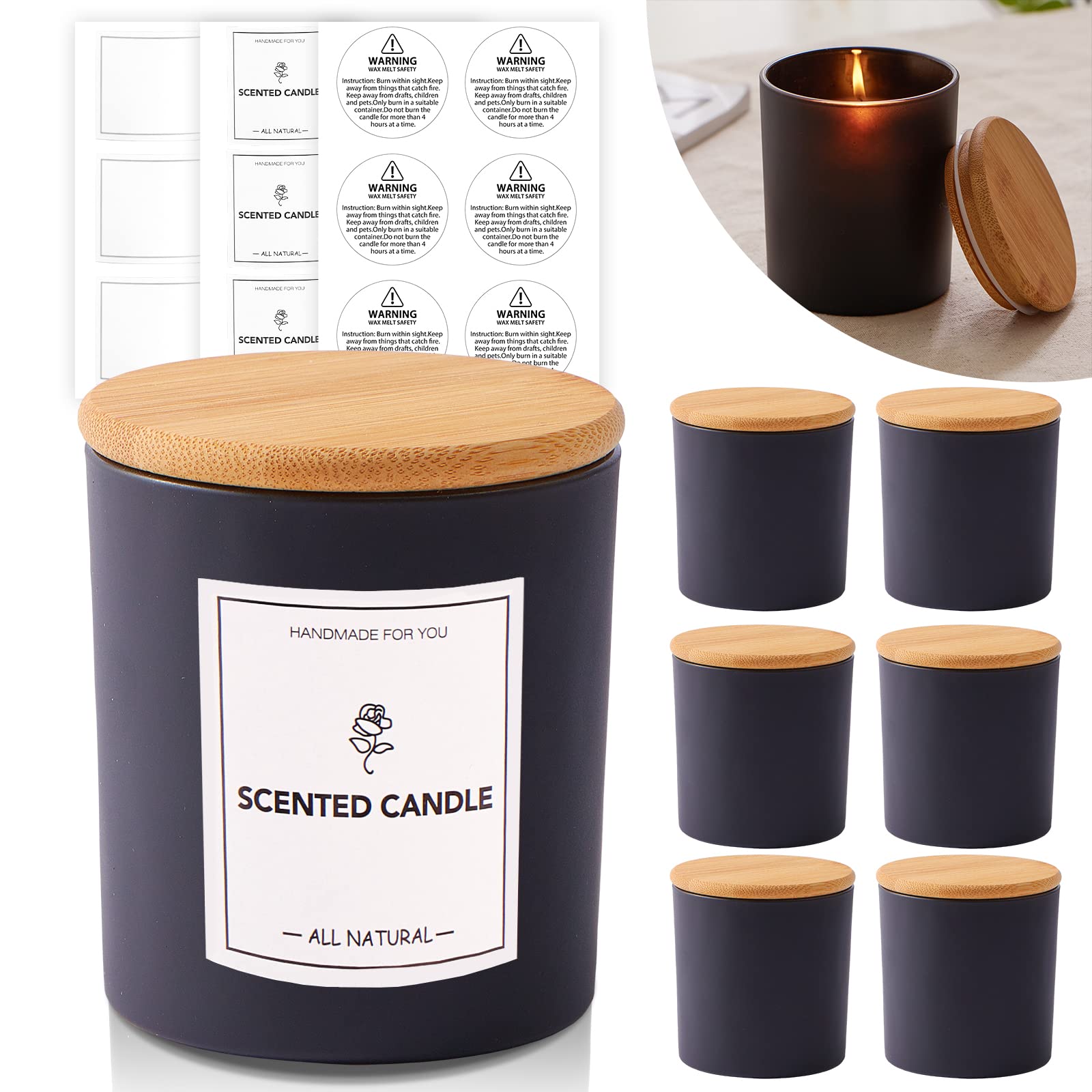 Relatern 6-Pack 8 Oz Candle Containers for Making Candles - Glass Candle Vessels with Bamboo Lids for DIY Candle, Bulk Empty Frosted Candle Jars, Black