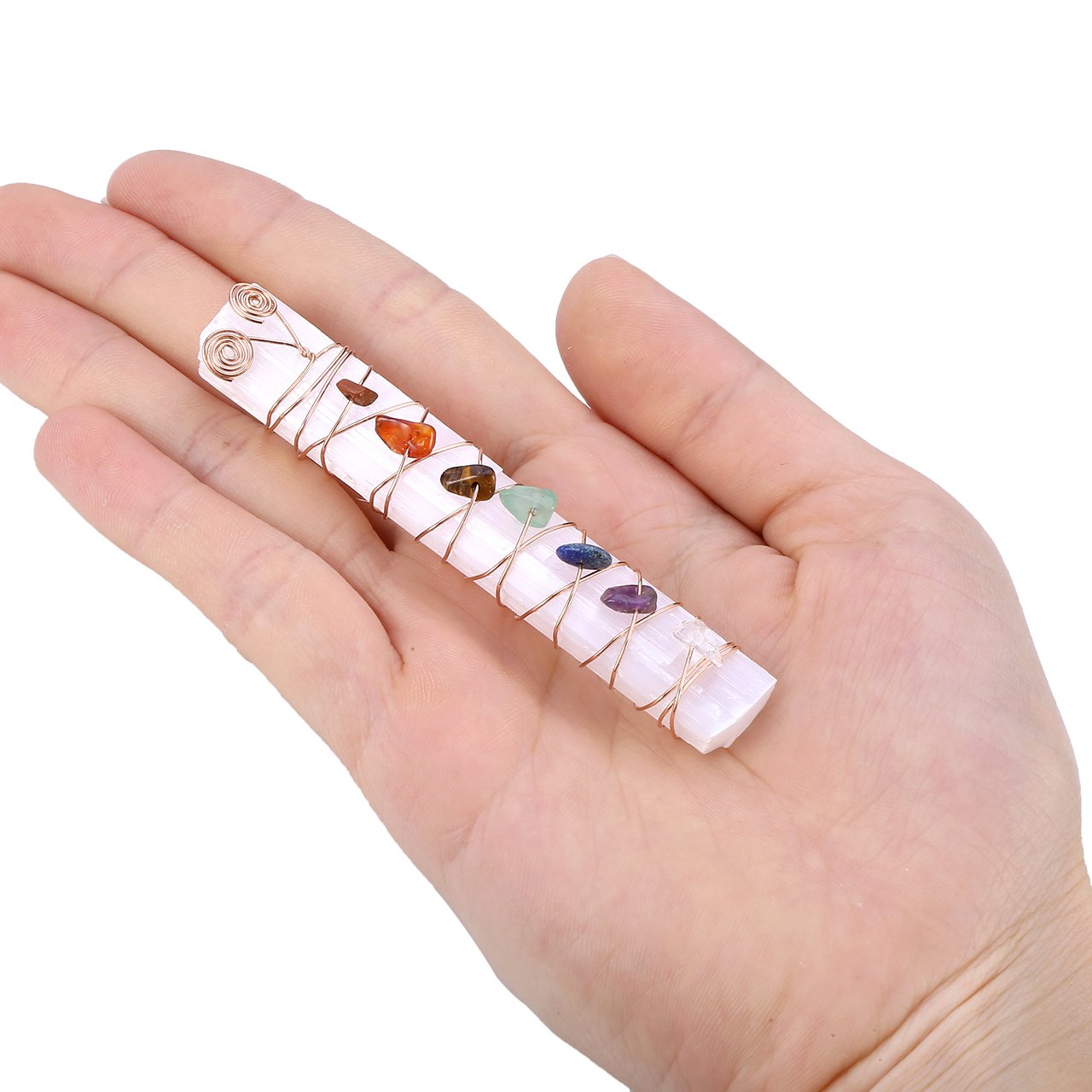 Top Plaza 7 Chakra Reiki Healing Crystal Copper Wire Wraped Raw Selenite Stick for Yoga Meditation Balancing(7 Chakra Chip Stone)