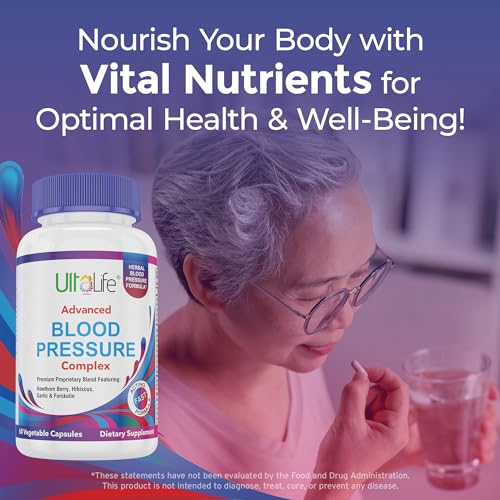 ULTALIFE Blood Pressure Supplements - Advanced Blood Pressure Supplement Complex - Hawthorn Berry, Hibiscus, Garlic, Forskolin - 14 Vitamins & Herbs, 30 Day Supply in Veggie Capsules