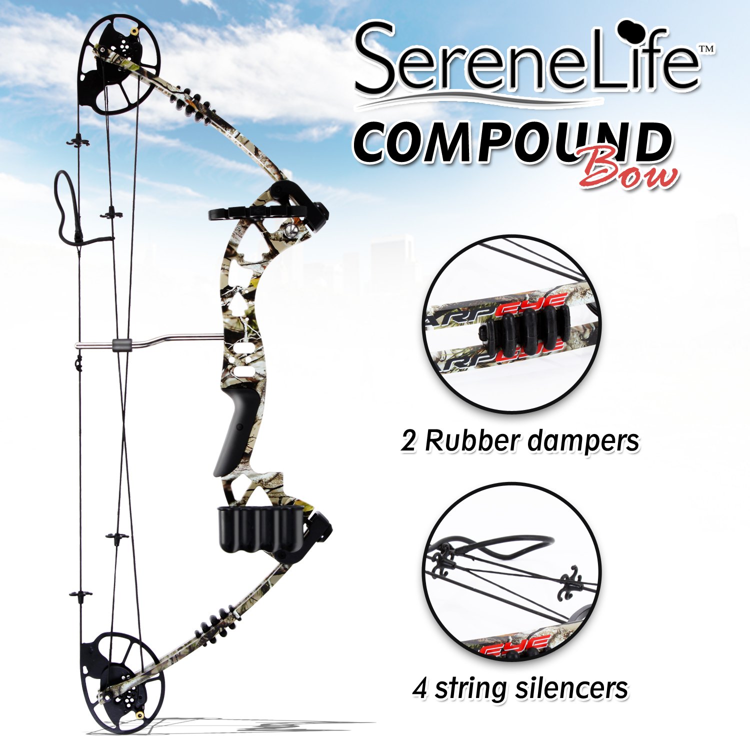 SereneLife Sharp Eye Camouflage Compound Bow-320 FPS Hunting Camo Archery Gear-Fiberglass Limb,Metal Riser,4 String Silencers,30-70lbs Adjustable Draw Weight,23.5β-30.5β Length SLCOMB10.5