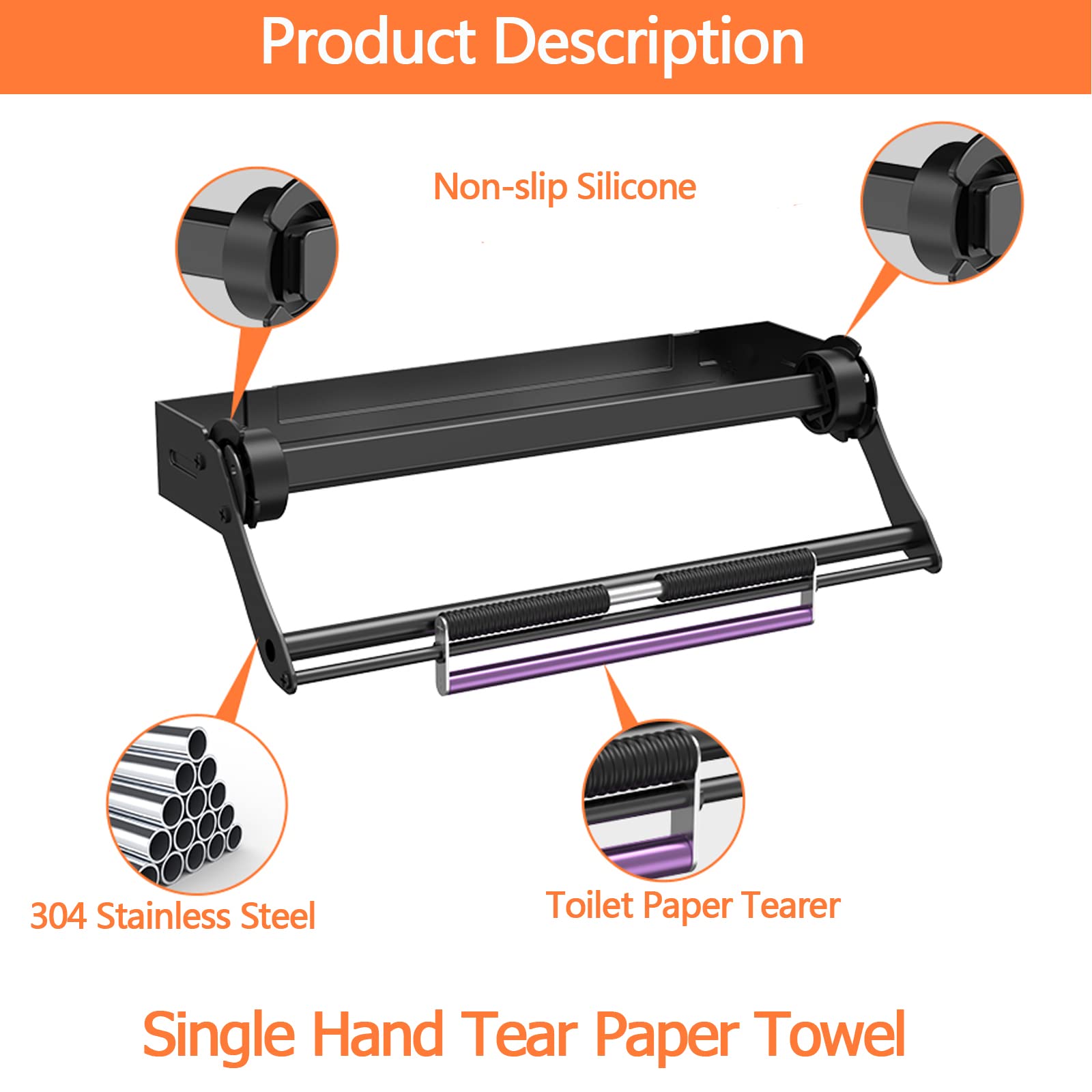 Wonglea Paper Towel Holder for One Hand Tear, Upgraded Under Cabinet Paper Towel Holder Wall Mount,Self Adhesive Paper Towel Roll Holder Under Counter,Matte Black Paper Towel Rack for Kitchen