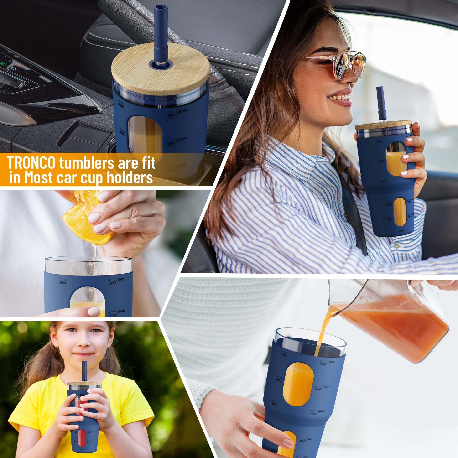Tronco 32 oz Glass Tumbler with Straw and Lid - Reusable Drinking Glass Cup with Time Marker, Silicone Sleeve - Ideal for Boba, Smoothies, Tea and Iced Coffee Fits Cup Holder- BPA Free,Pink
