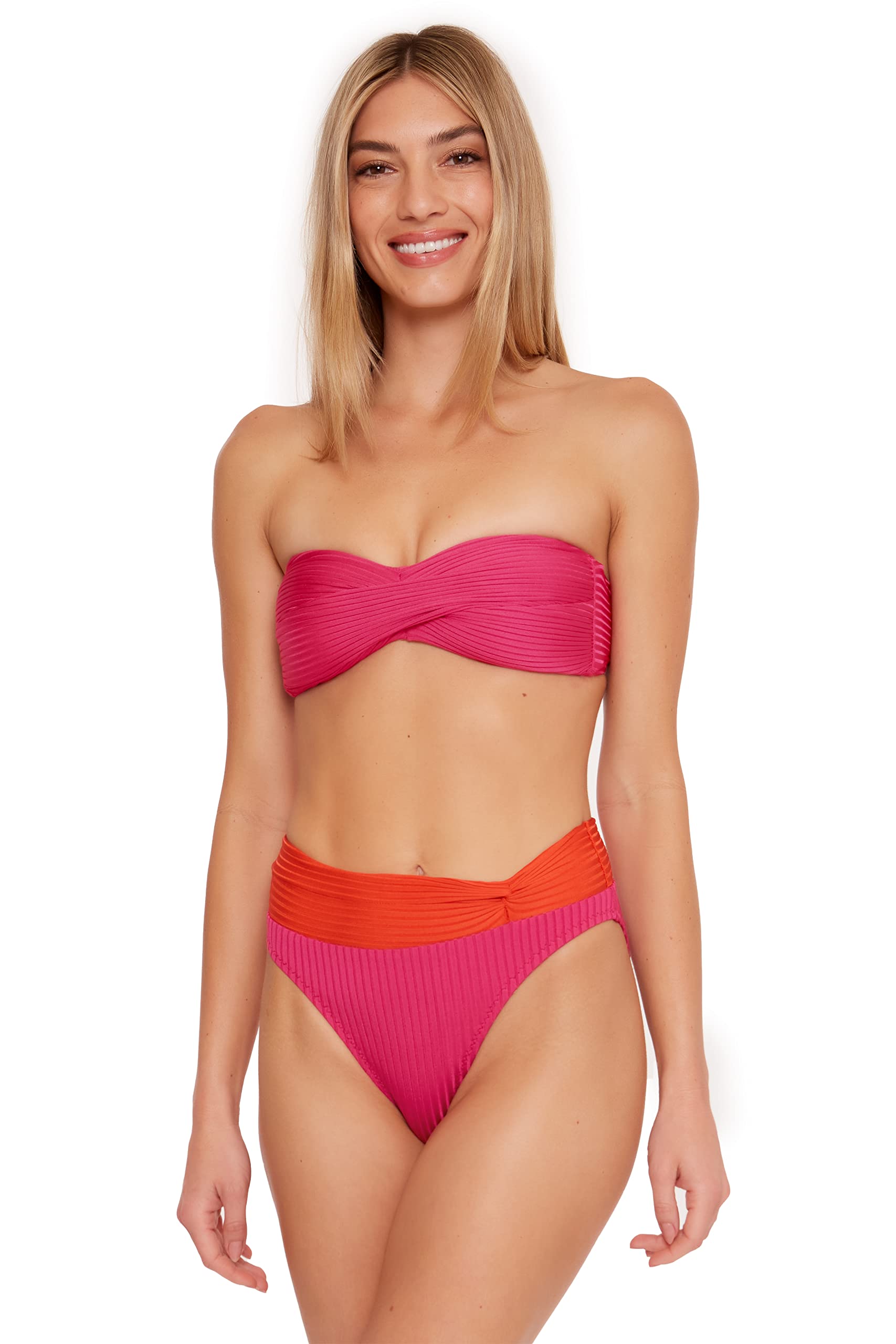 Trina Turk Women's Standard Olympia Ribbed Twist Bandeau Bikini Top-Strapless, Swimwear Separates, Pink, 10