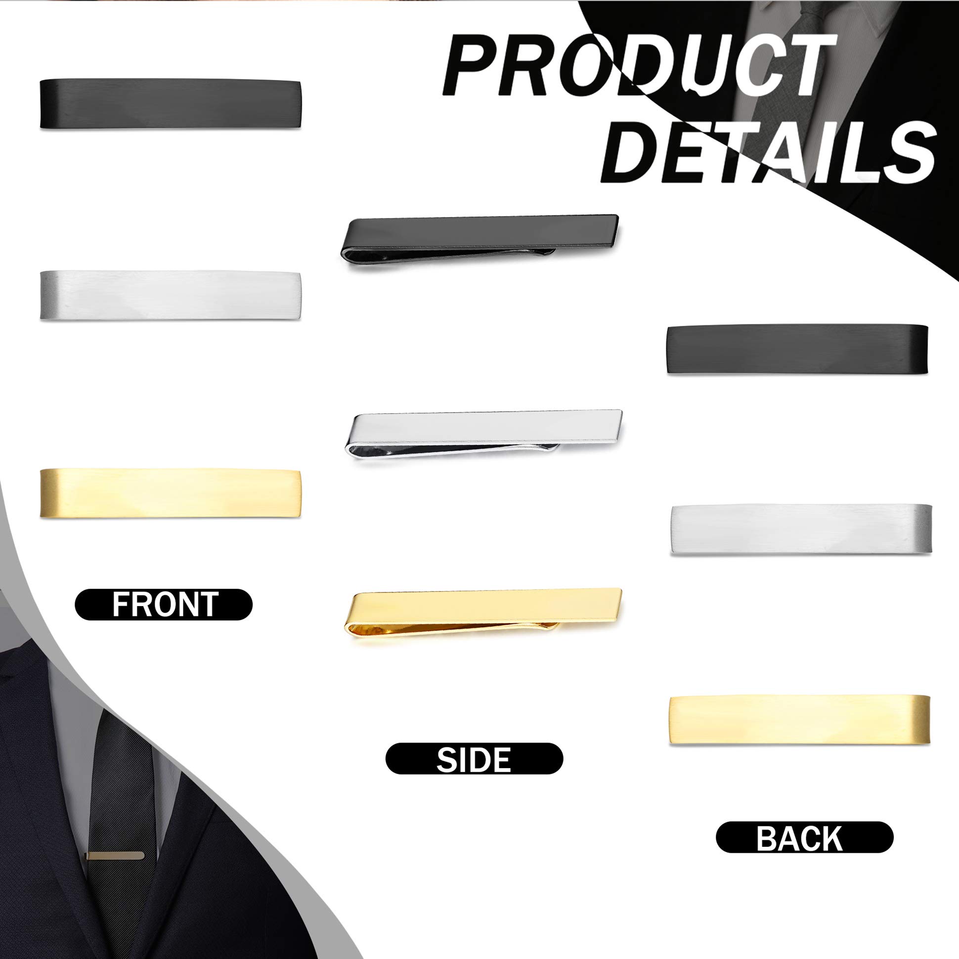 YADOCA 3 Pcs Tie Clips for Men Tie Bar Set Necktie Clips Without Stripe for Wedding Anniversary Business Black Silver-Tone Gold-Tone