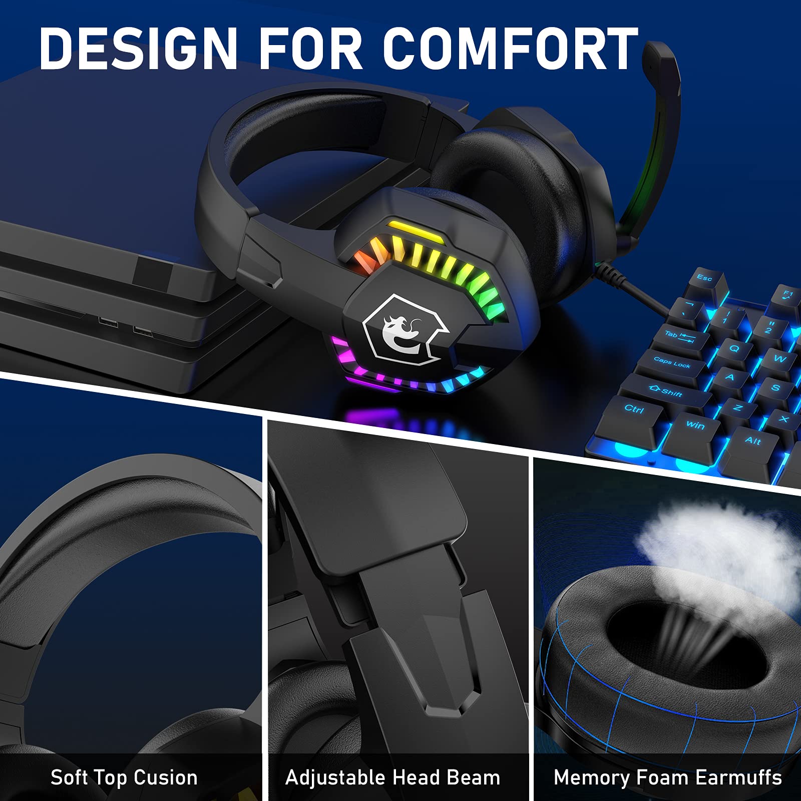 Wired Gaming Headset with Rainbow RGB Backlight Retractable Noise Isolating Microphone Stereo Sound Deep Bass Memory Foam Earmuff Over Ear Headphone for PS4 Xbox One Switch PC Mac Gamer Music (Black)