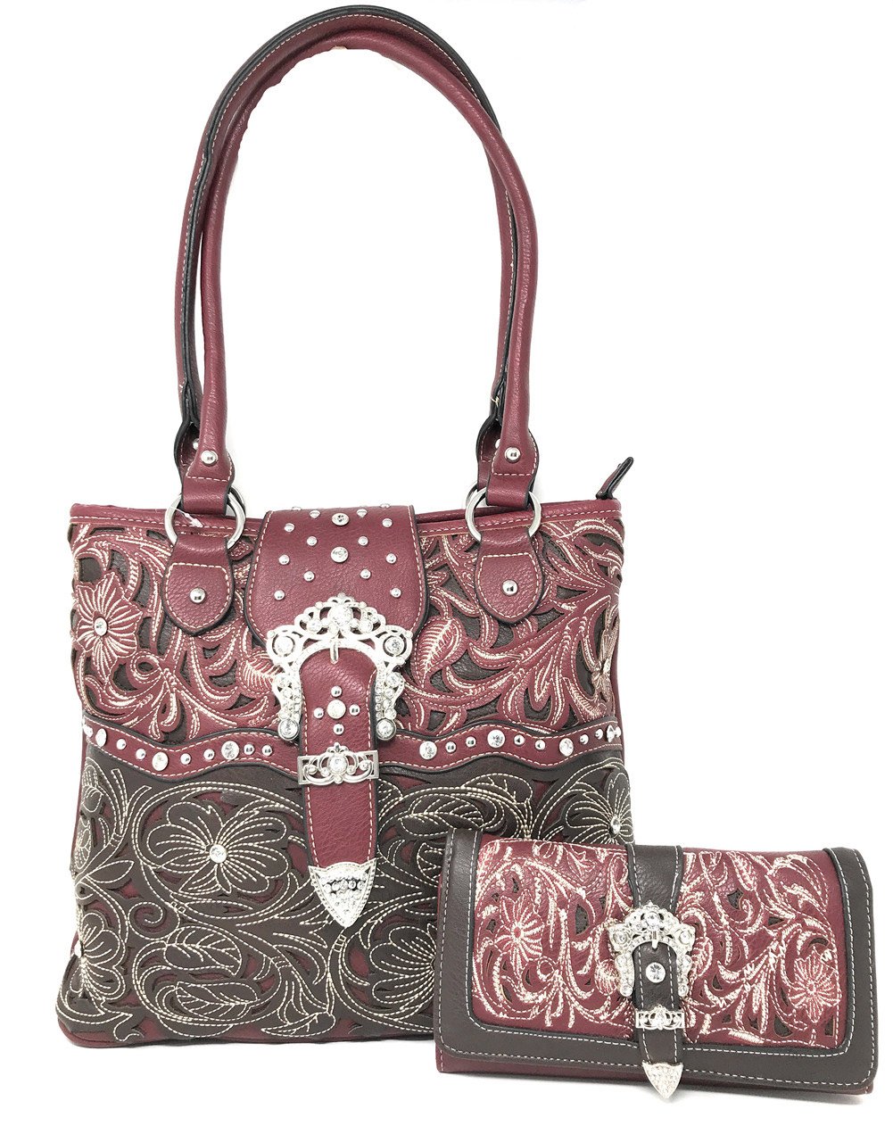 Western Rhinestone Buckle Concealed Carry Floral Womens Tote Handbag/Wallet Set (Red)