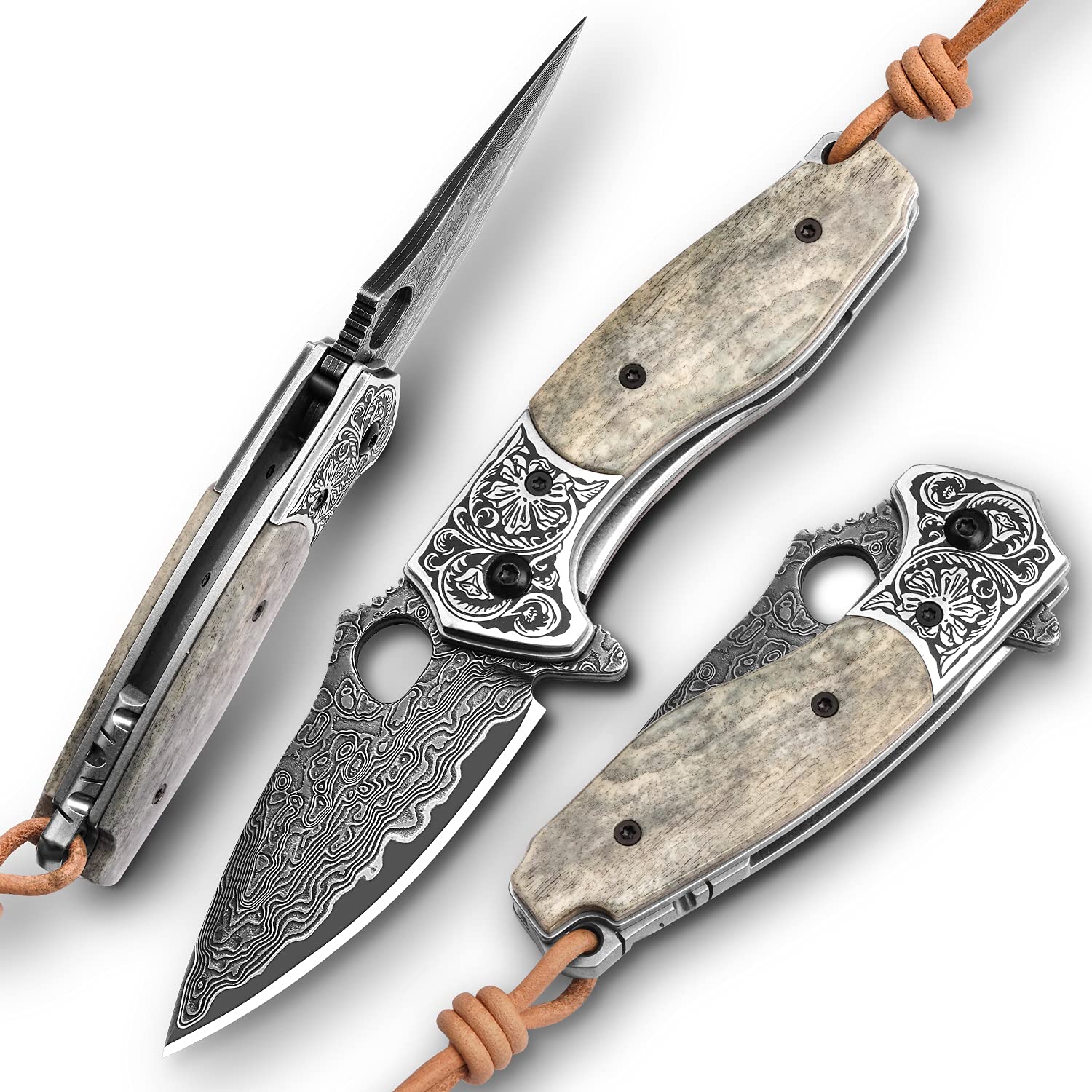 SPIRIT DEED EDC Pocket Knife for Men,2.5in Japanese Handmade VG0 Damascus Steel,Bone Handle,Liner Lock,Leather Sheath,Folding Knives for Camping and Hunting