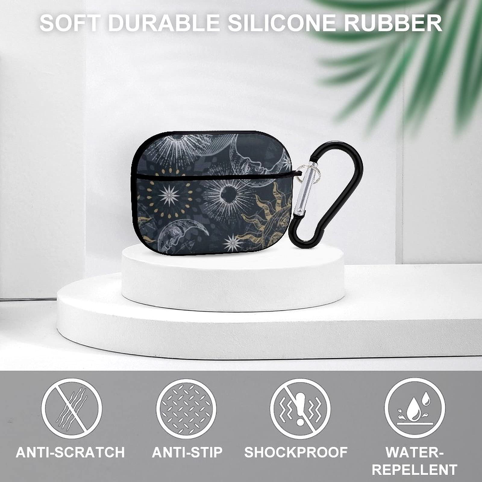 Unique Case Cover Compatible with AirPods Pro Wireless Charging Case for Women Men, Psychedelic Sun Moon Stars Tie Dye Headphone Case Cover, Front LED Visible with Keychain