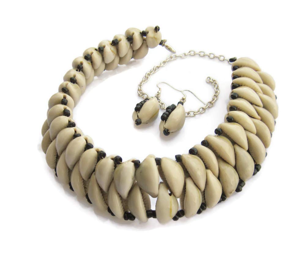 Unique Collar Choker Bib Egyptian African Beaded Natural Cowrie shells on Geman Silver Wire embellished with black glass beads | Boho Gypsy Cleopatra Afghan Kuchi Tribal Belly Dance Necklace Earrings