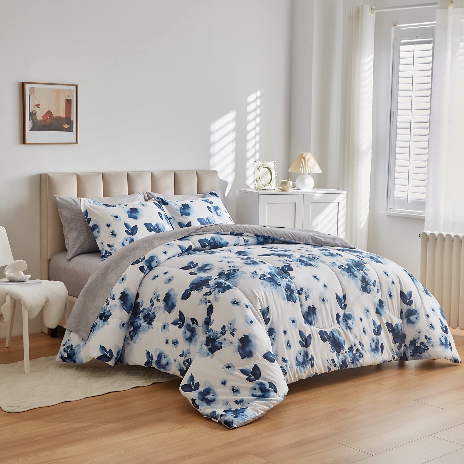 UOZZI BEDDING Floral Comforter Sheet Set 7 Pieces Bed in a Bag Dark Grey Golden Flower Queen Size (1 Comforter 2 Pillow Shams 1 Flat Sheet 1 Fitted Sheet 2 Pillowcases)