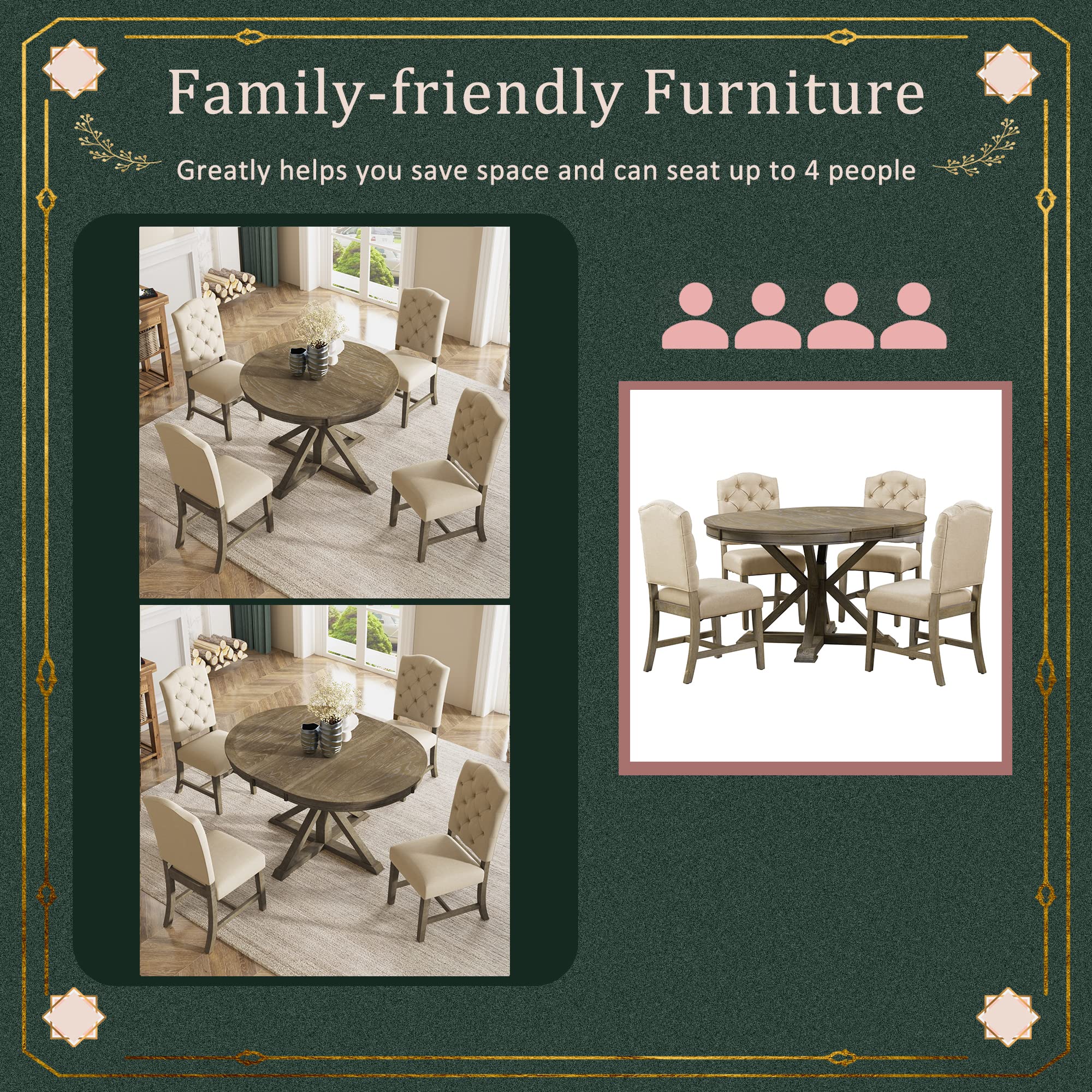 Tensun 5-Piece Retro Functional Dining Table Set, Wood Round Extendable Kitchen Table and 4 Upholstered Dining Chairs with Backrest for Kitchen, Living Room, Natural Wood Wash